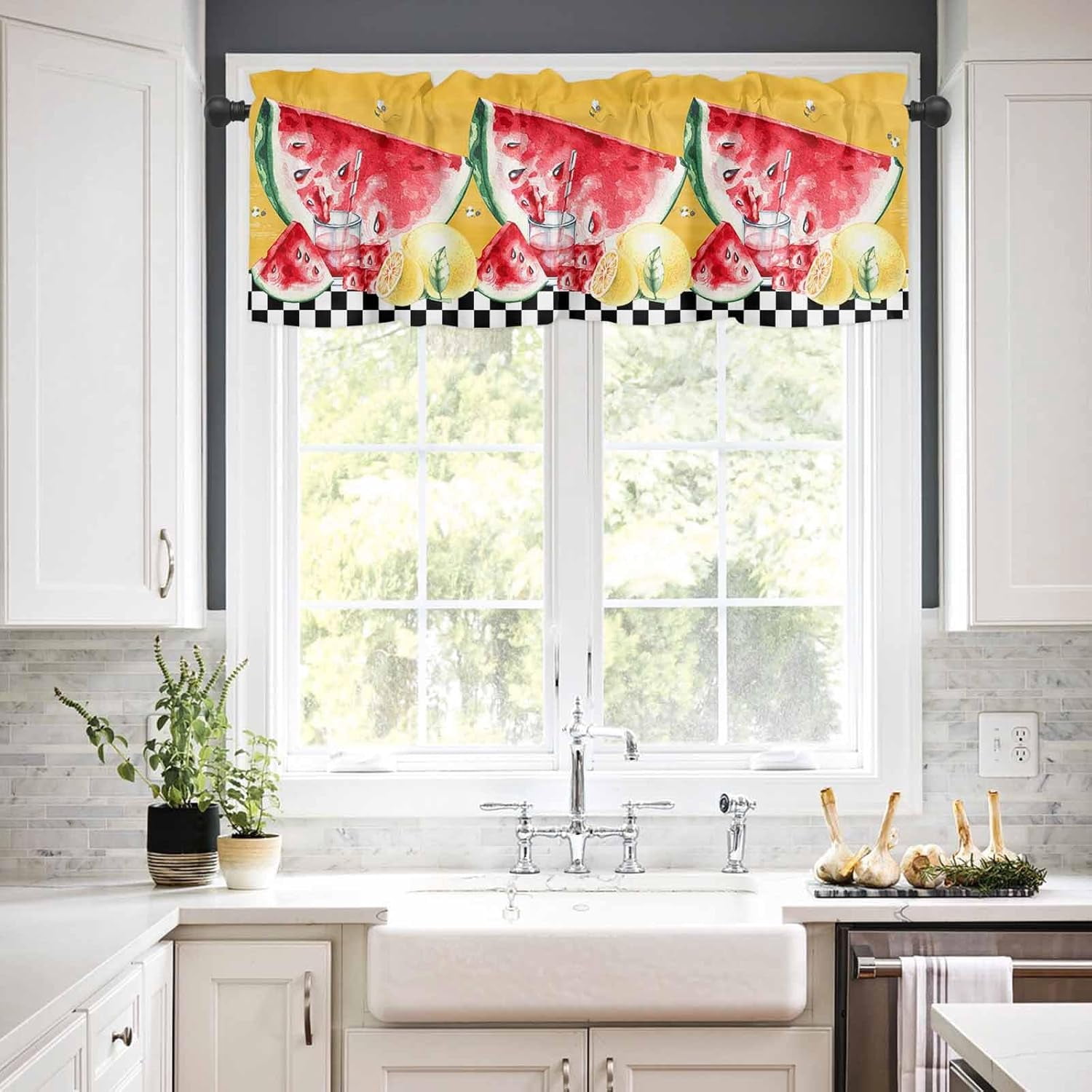 Valances For Windows Watermelon Summer Bee Lemon Leaves Black White ...