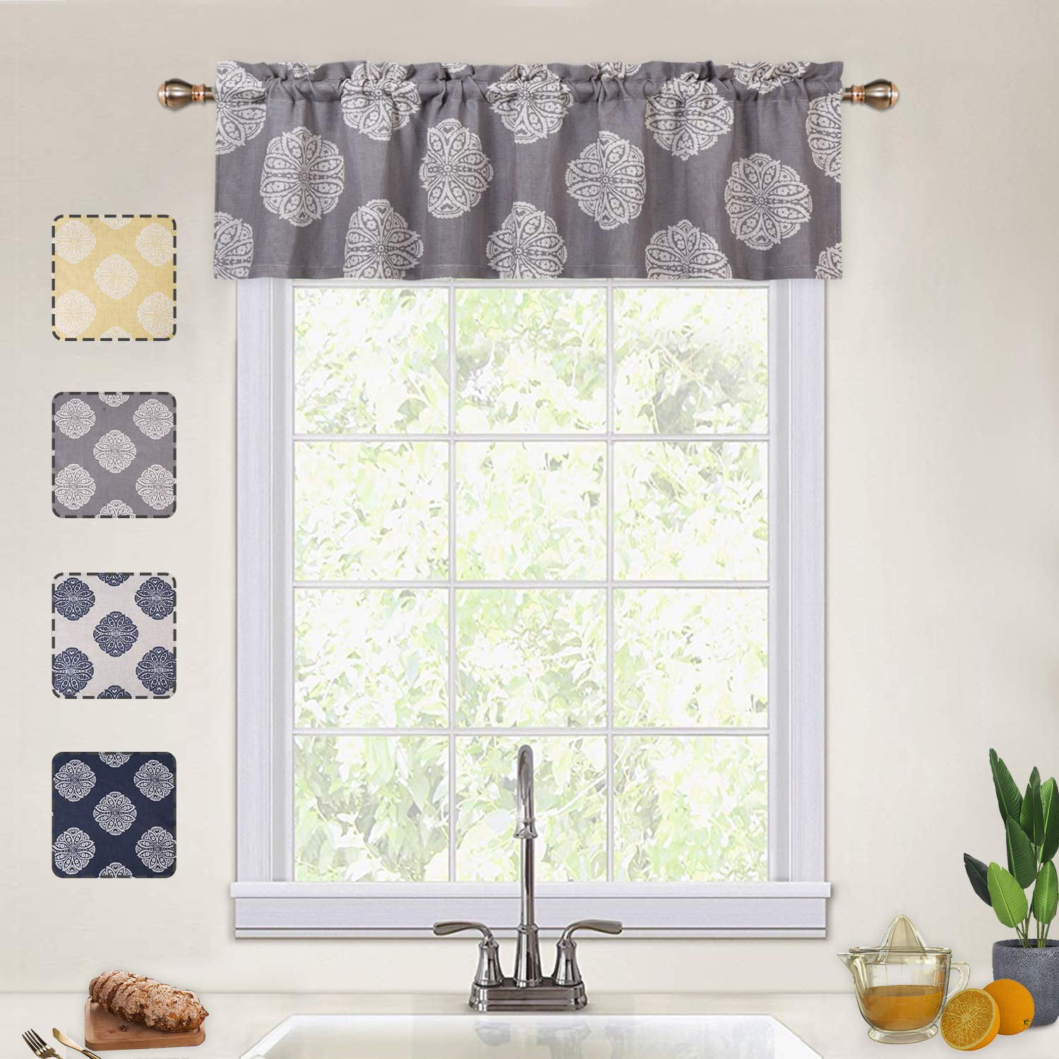 Valances for Kitchen, Floral Medallion Damask Print Linen Blended ...