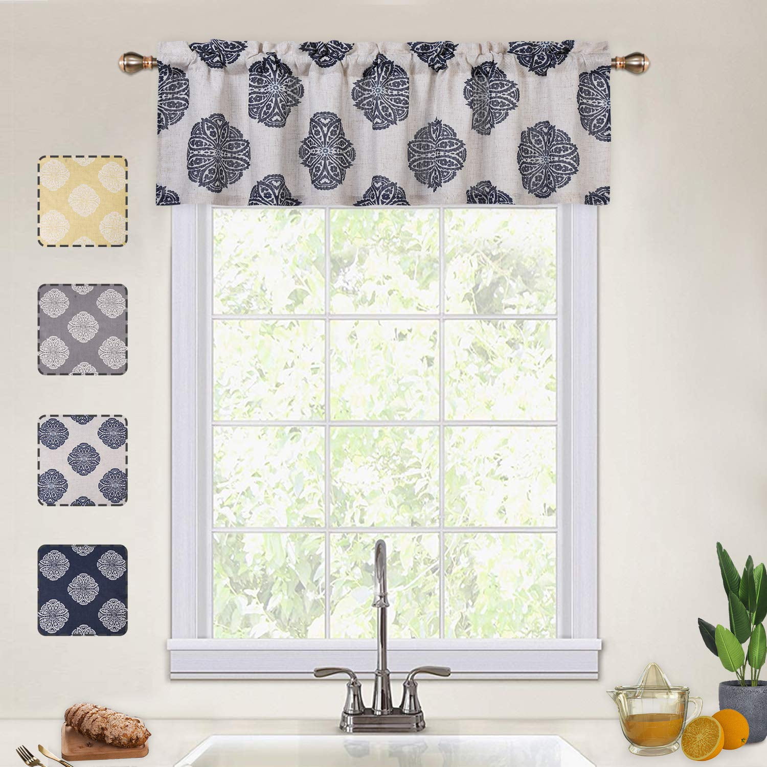 Valances for Kitchen, Floral Medallion Damask Print Linen Blended ...