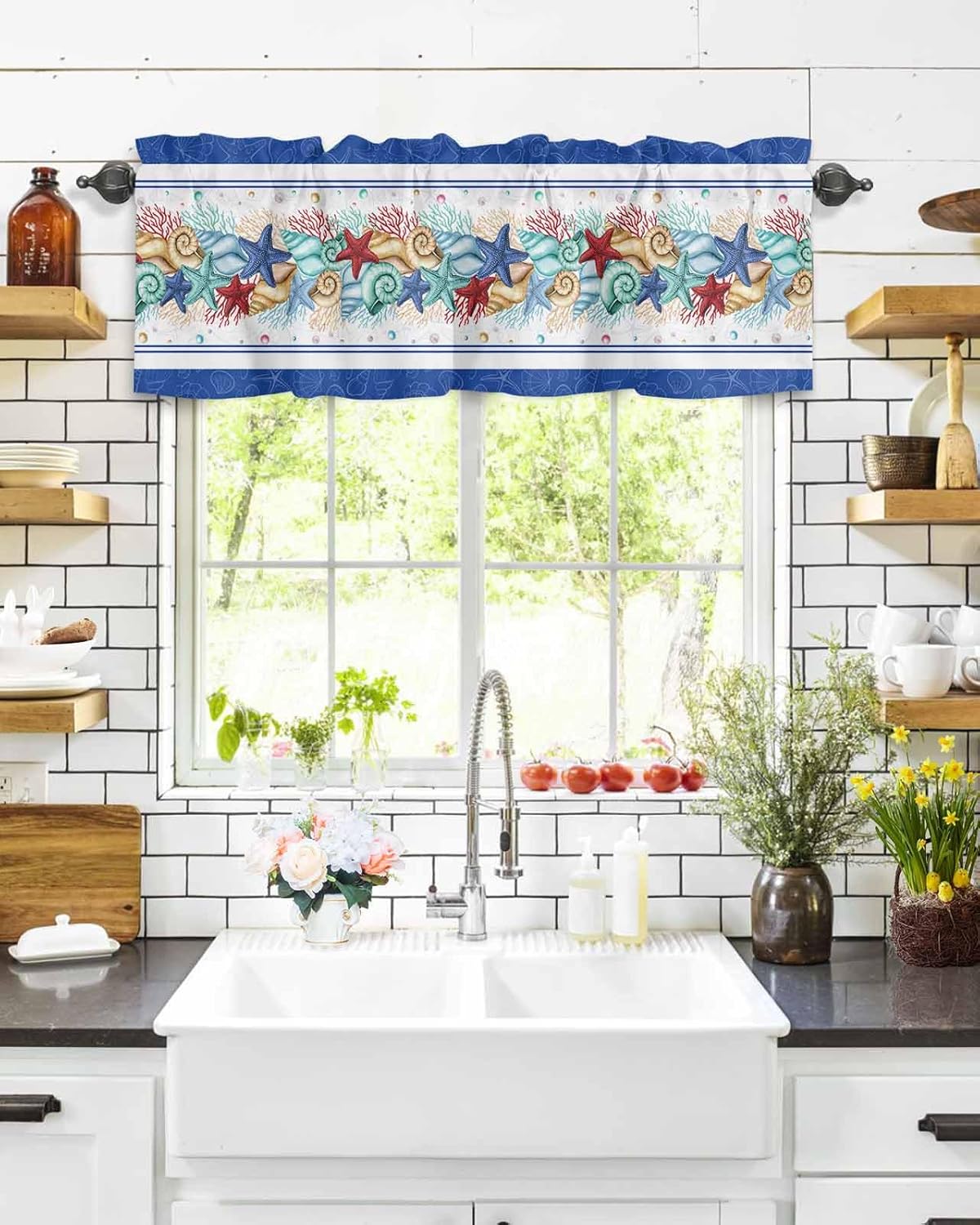 Valances for Kitchen Windows Nautical Starfish Navy Blue Valance ...