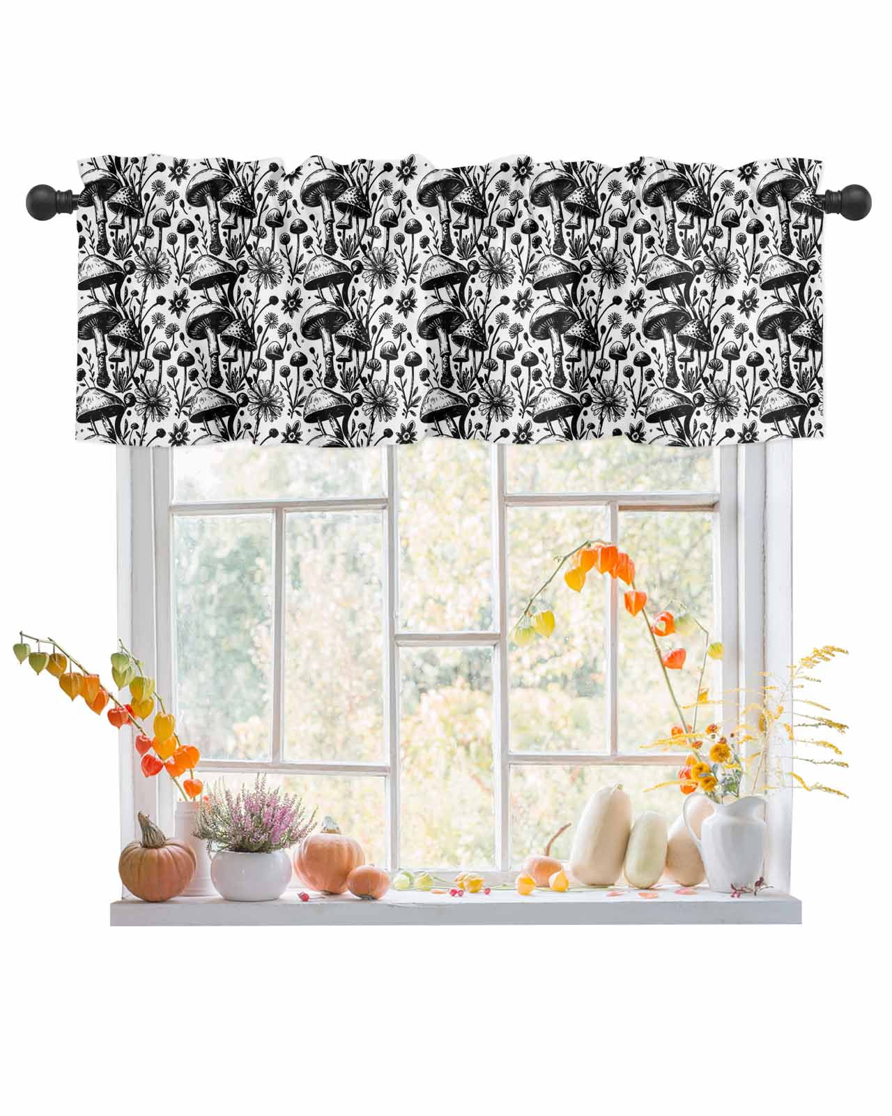 Valances for Windows, AutumnThanksgiving Blcak Mushrooms Country Leaves ...
