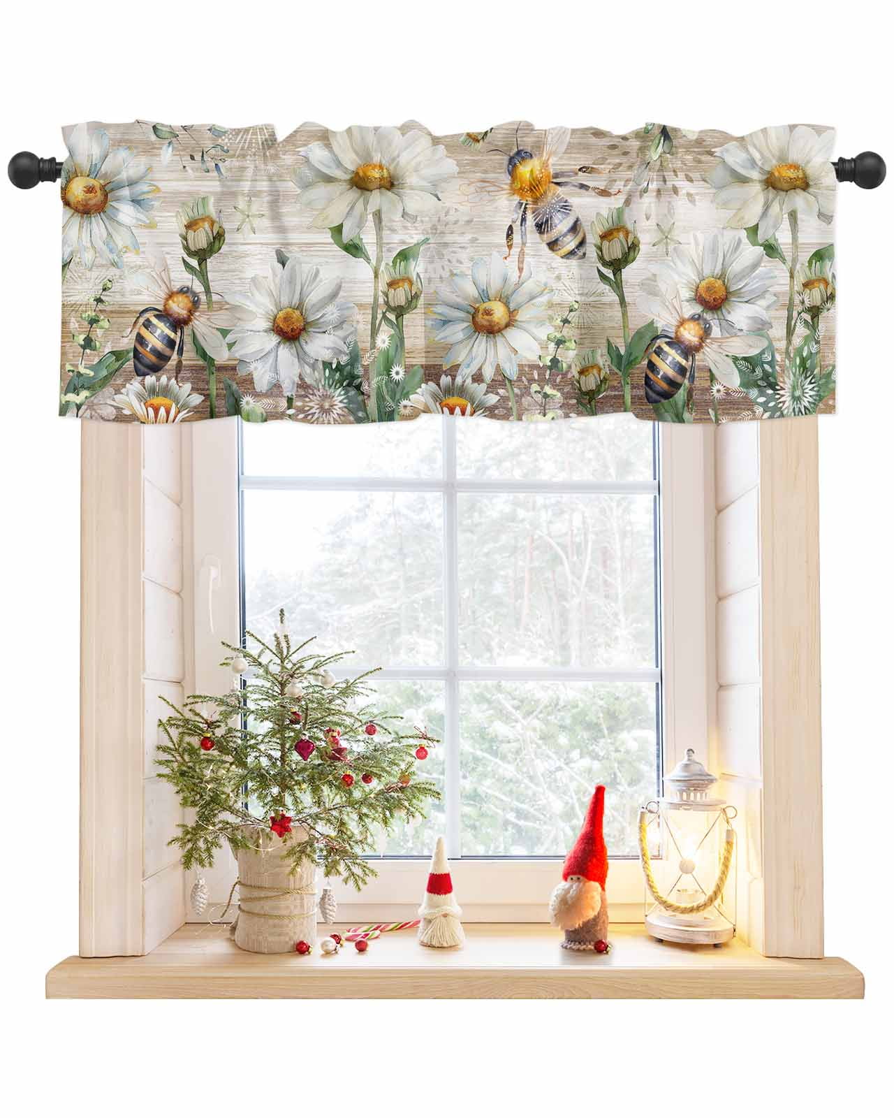 Valances for Windows, Bee Daisy Eucalyptus Floral Plants Rustic Brown ...