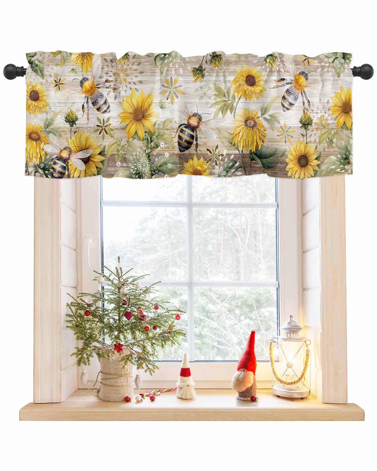 Valances for Windows, Bee Yellow Daisy Rustic Floral Plants Brown Wood ...