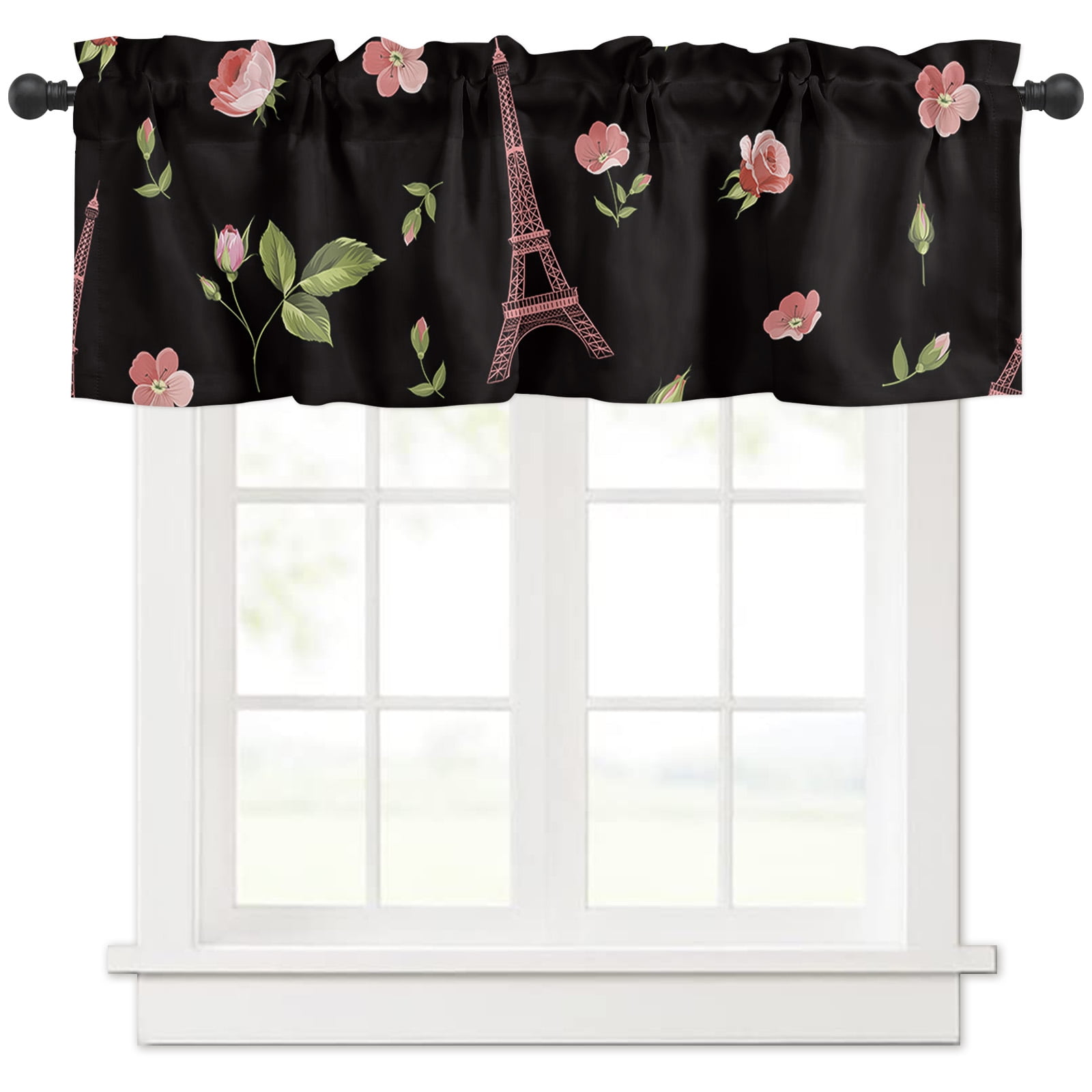 Valances for Windows Black Spring Pink Flower Leaves Bloom Eiffel Tower ...