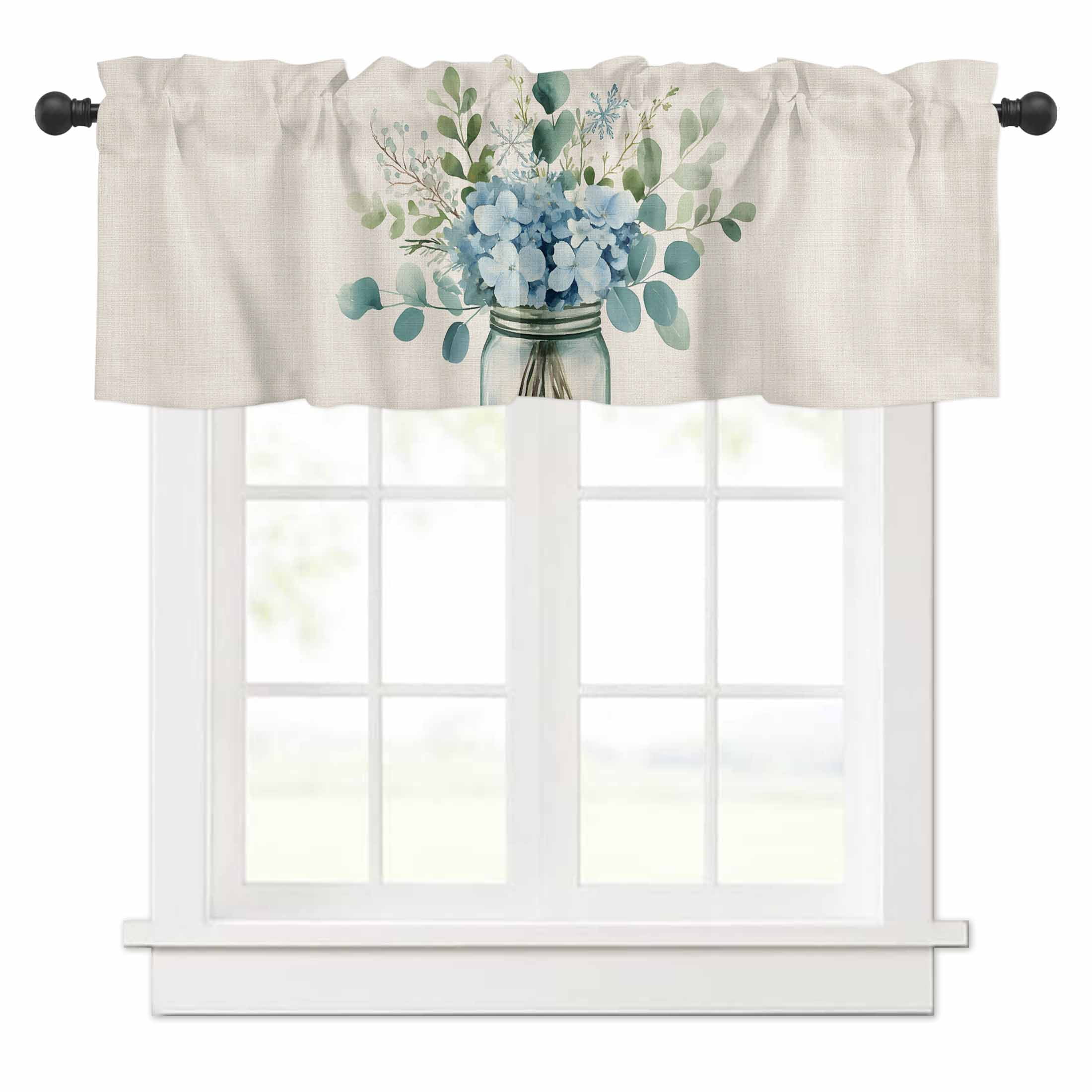 Valances for Windows Blue Floral Pastoral Eucalyptus Leaf Linen Texture ...