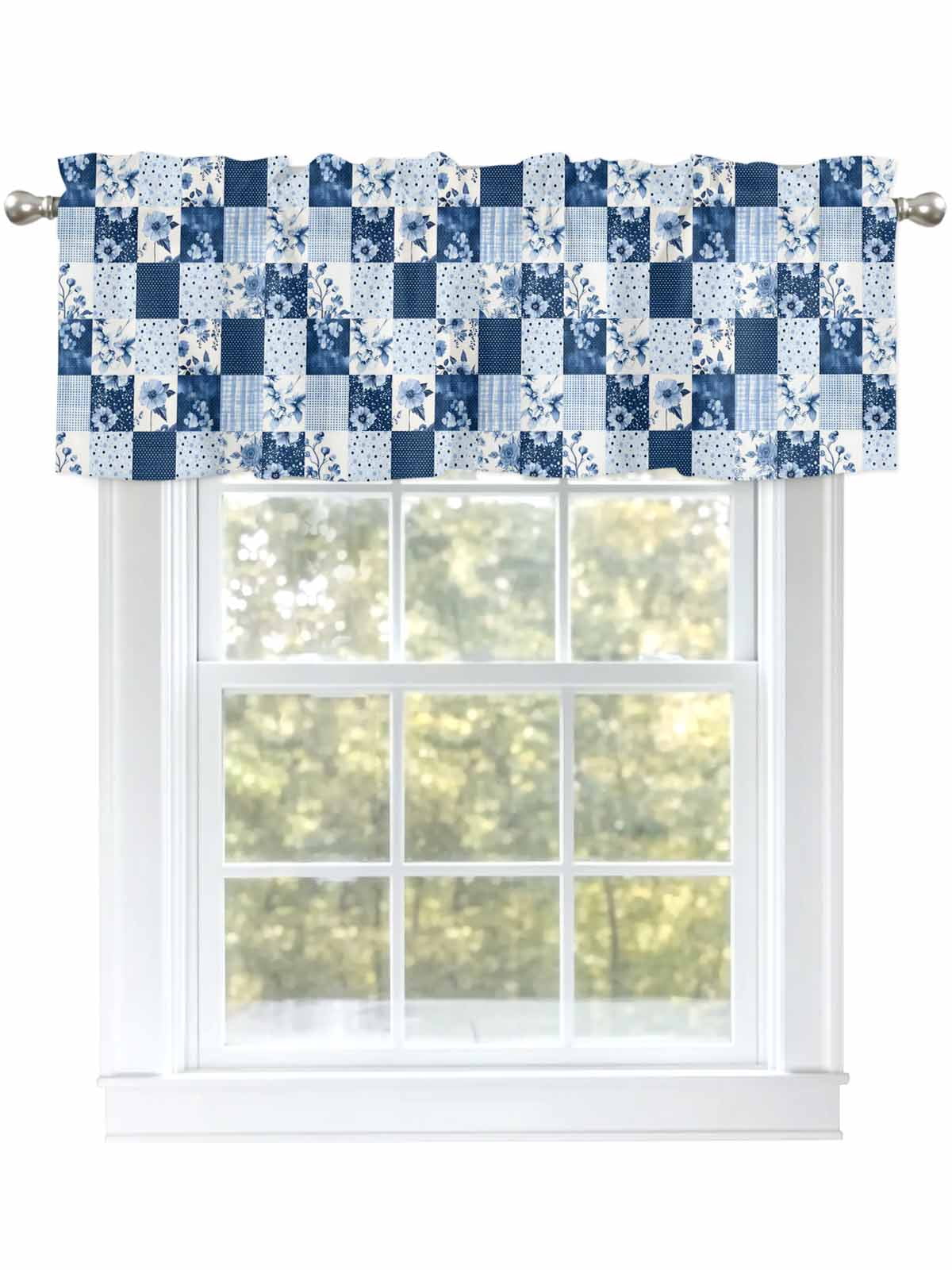 Valances for Windows Blue Patchwork Blue Flower Wave Point Square Rod ...