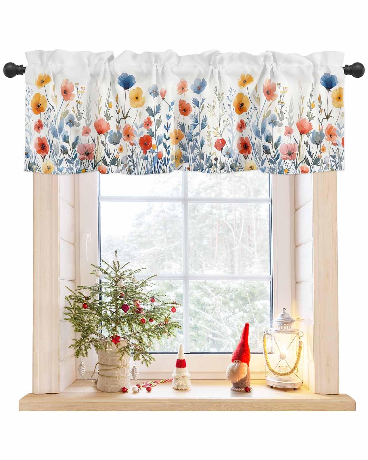 Valances for Windows, Blue Red and Yellow Poppy Watercolor Floral Rod ...