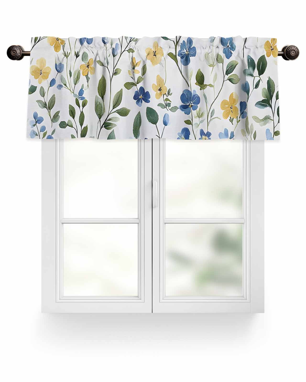 Valances for Windows Blue Yellow Floral Spring Flowers Watercolor Leaf ...