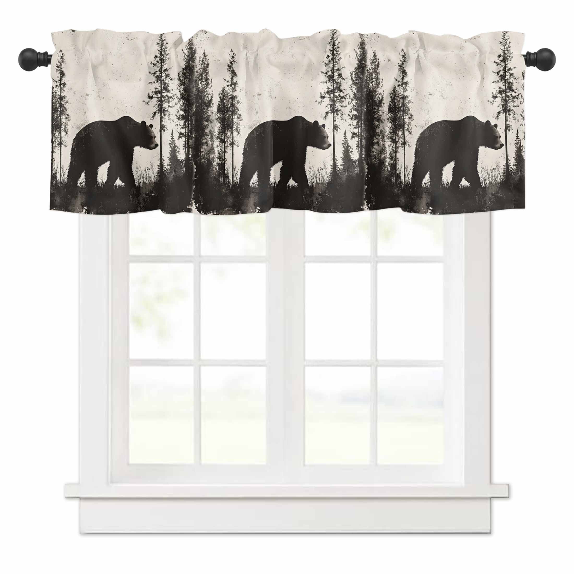 Valances for Windows Brown Bear Forest Silhouette Retro Animal Tree ...
