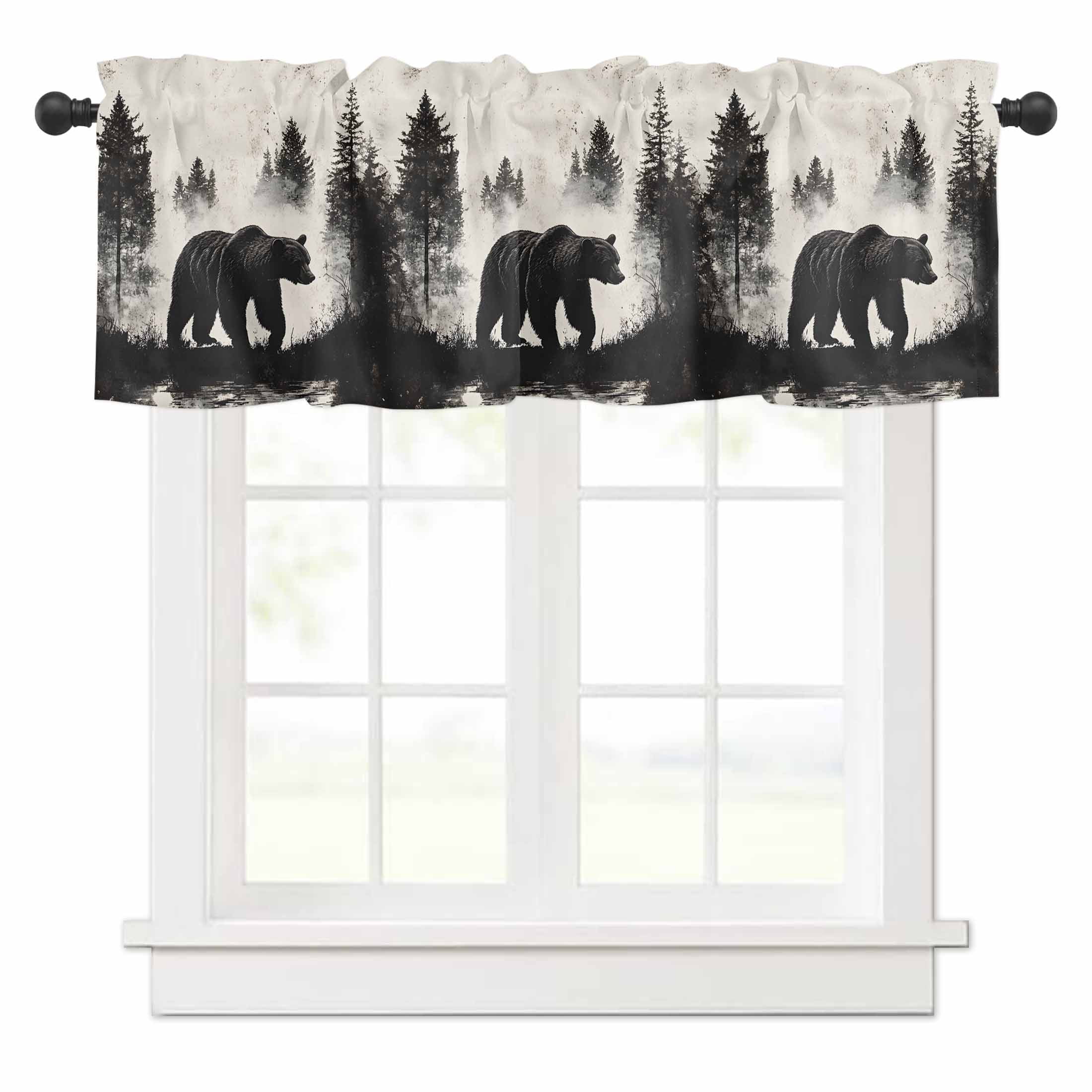 Valances for Windows Brown Bear Forest Silhouette Vintage Animal Tree ...