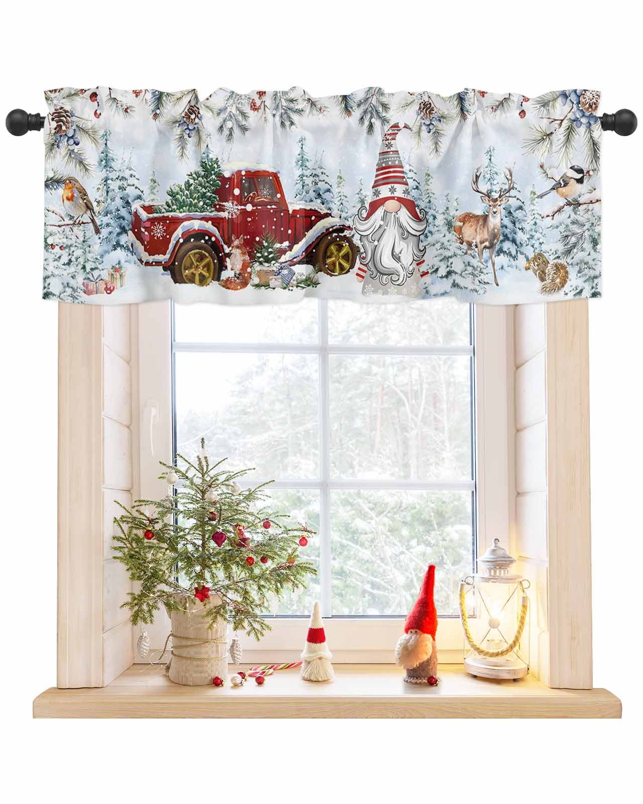 Valances for Windows, Christmas Red Gnome Truck Xmas Tree Robin Pine ...