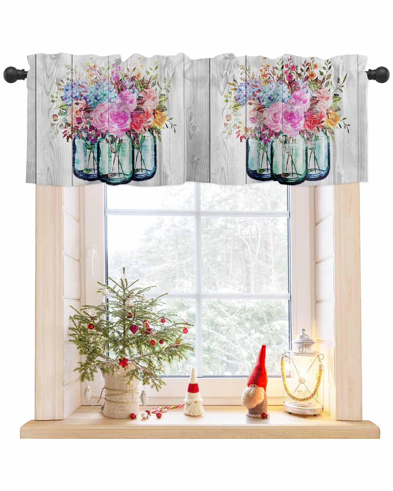 Valances for Windows, Colorful Floral Leaves Gray Wood Grain Rod Pocket ...