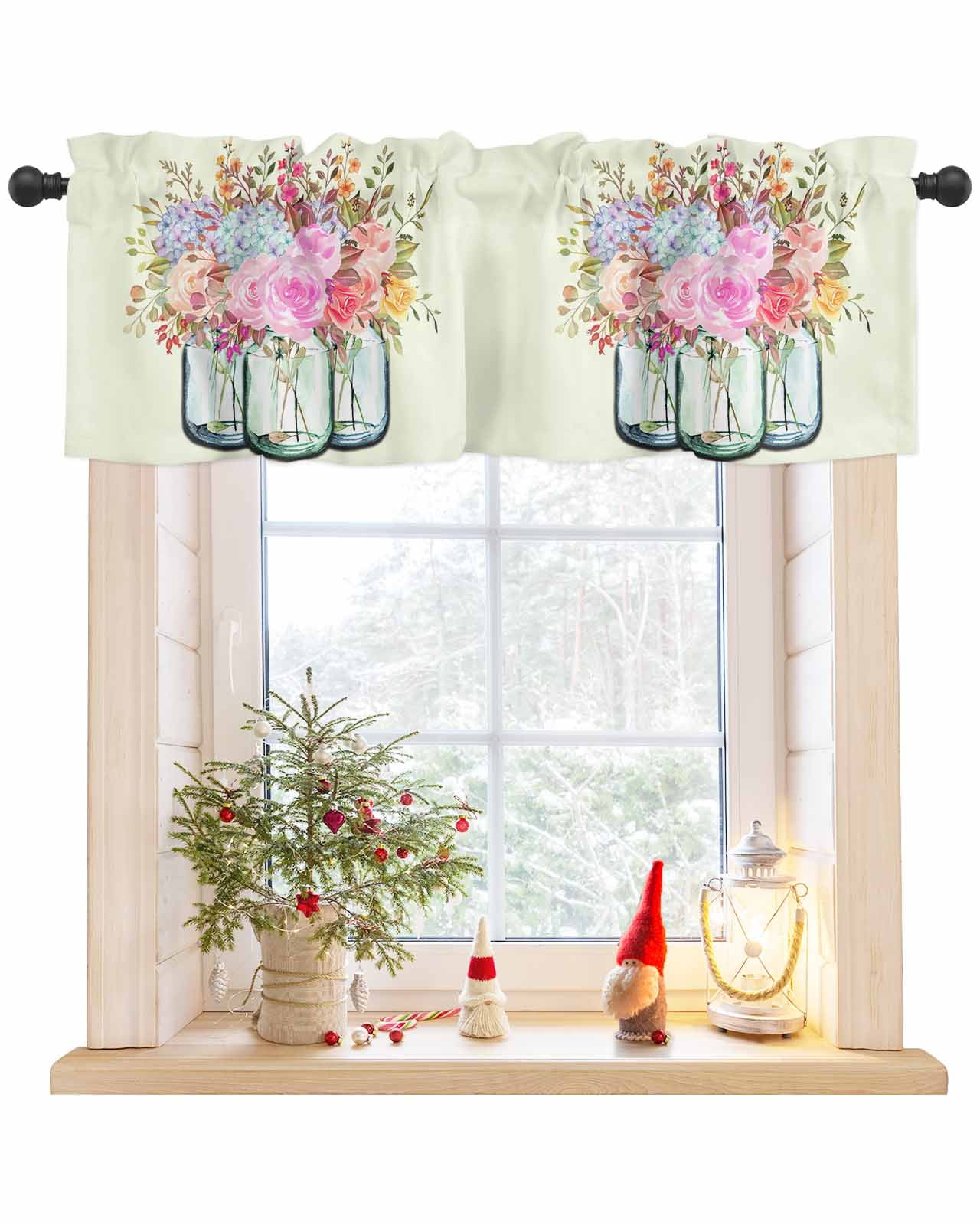 Valances for Windows, Colorful Floral Leaves Solid Beige Background Rod ...