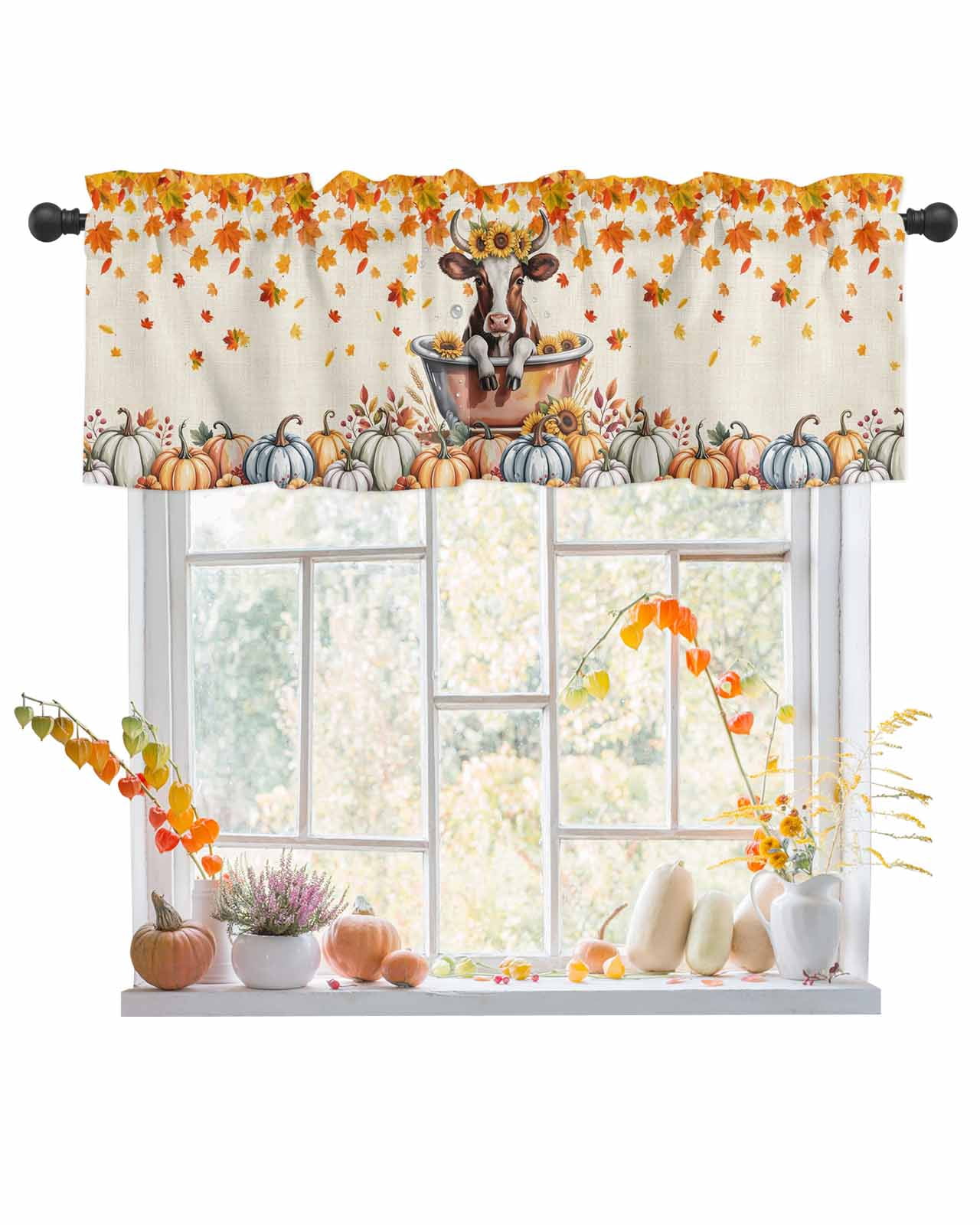 Valances for Windows, Cow in Bathtub Thanksgiving Pumpkin Fall ...