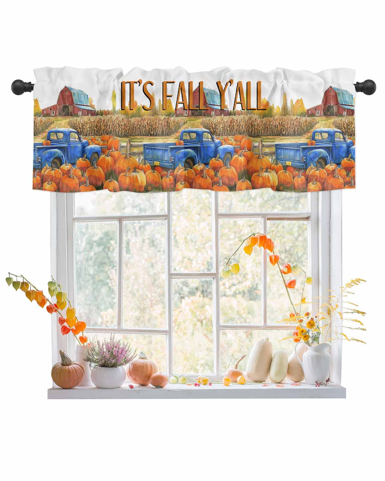 Valances for Windows, IT'S FALL Y'ALL Retro Blue Truck Pumpkin ...