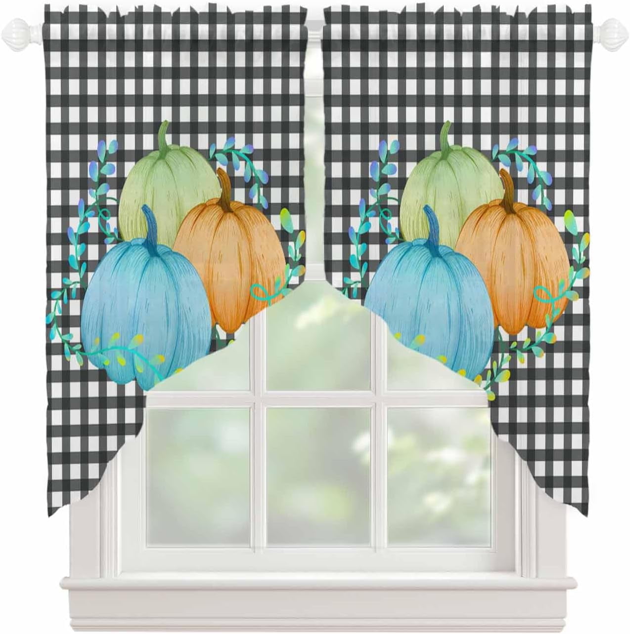 Valances for Windows Fall Autumn Pumpkin Plaid Semi Sheer Valance ...