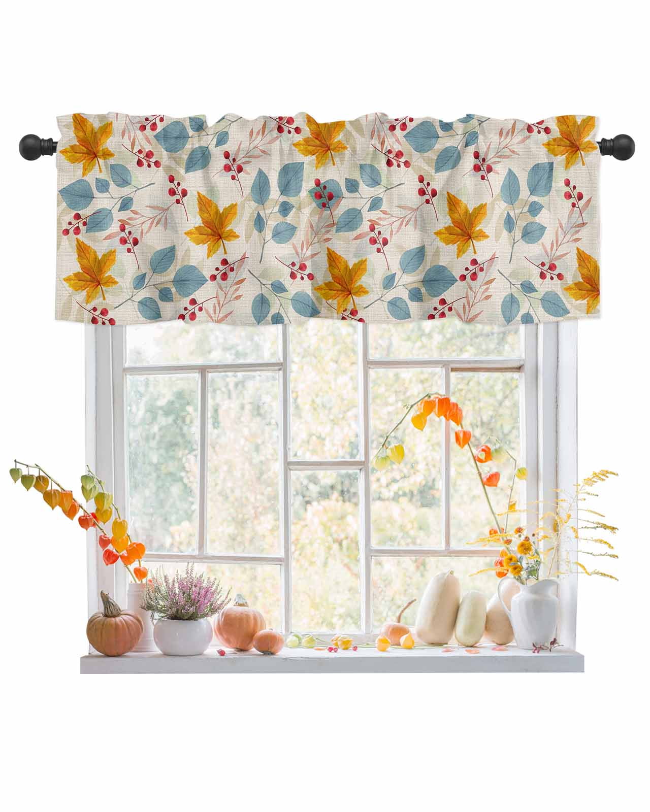 Valances for Windows Fall Blue Leaves Gold Maple Leaf Rod Pocket Cafe ...