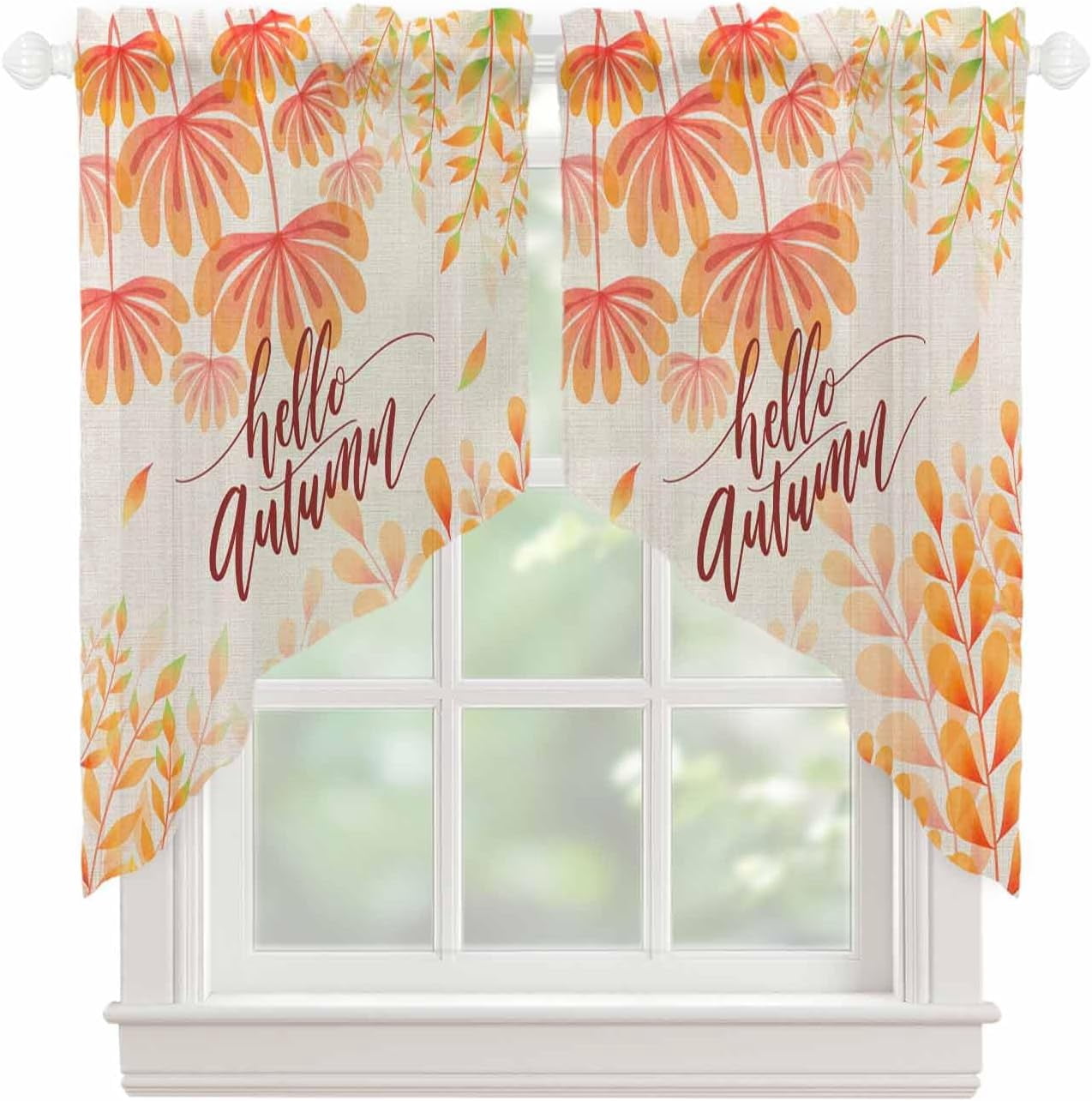 Valances for Windows Fall Hello Autumn Orange Leaf Plant Semi Sheer ...