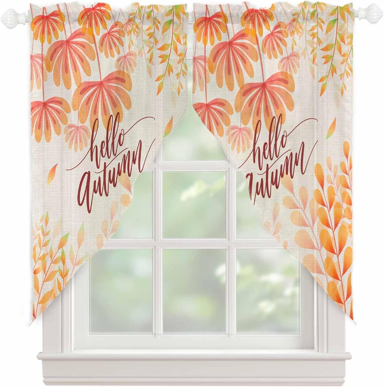 Valances for Windows Fall Hello Autumn Orange Leaf Plant Semi Sheer ...
