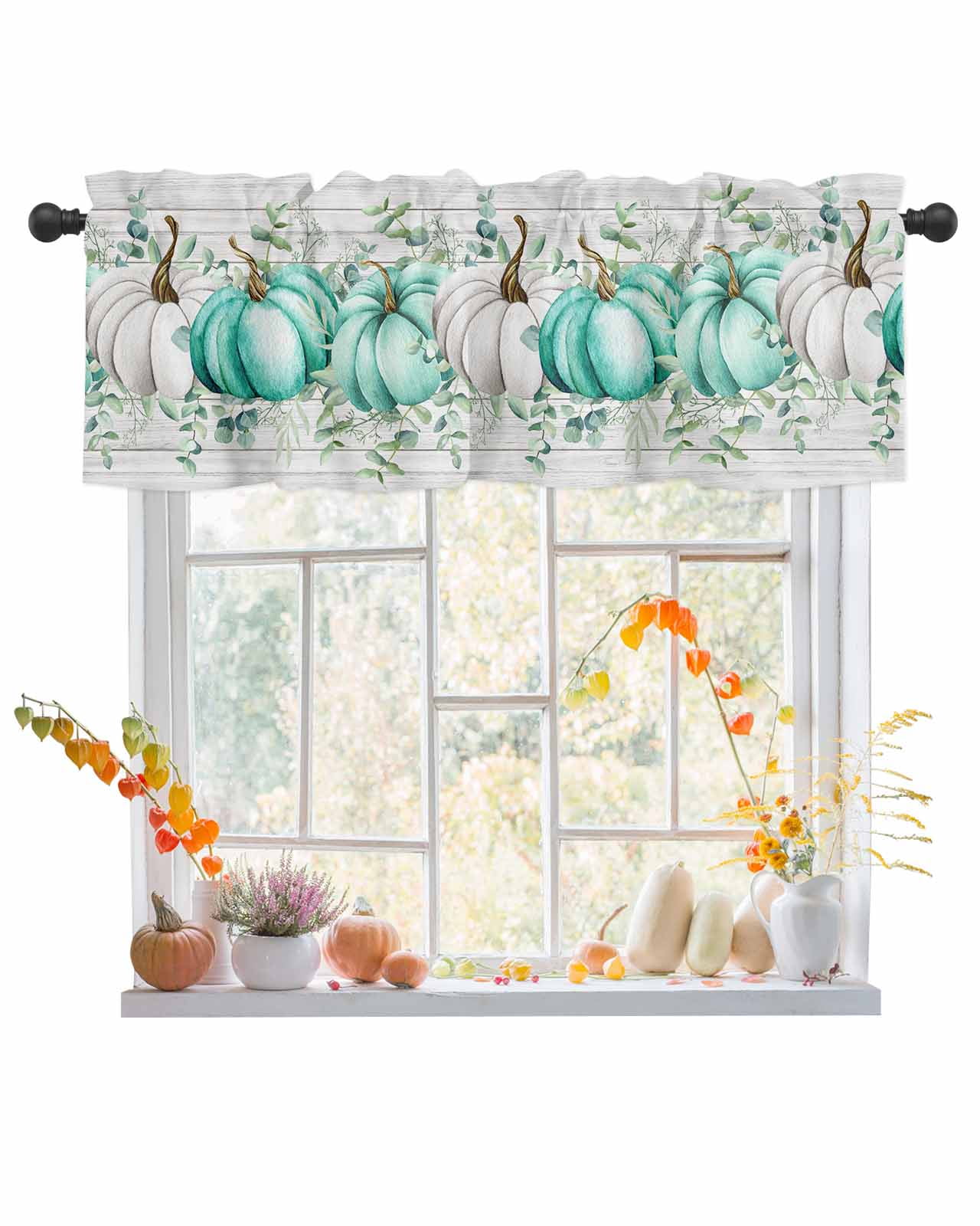 Valances for Windows Fall Teal Pumpkin Thanksgiving Eucalyptus Wood ...