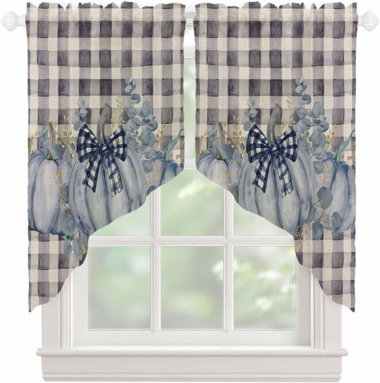 Valances for Windows Fall Thanksgiving Blue Pumpkin Eucalyptus Leaves ...