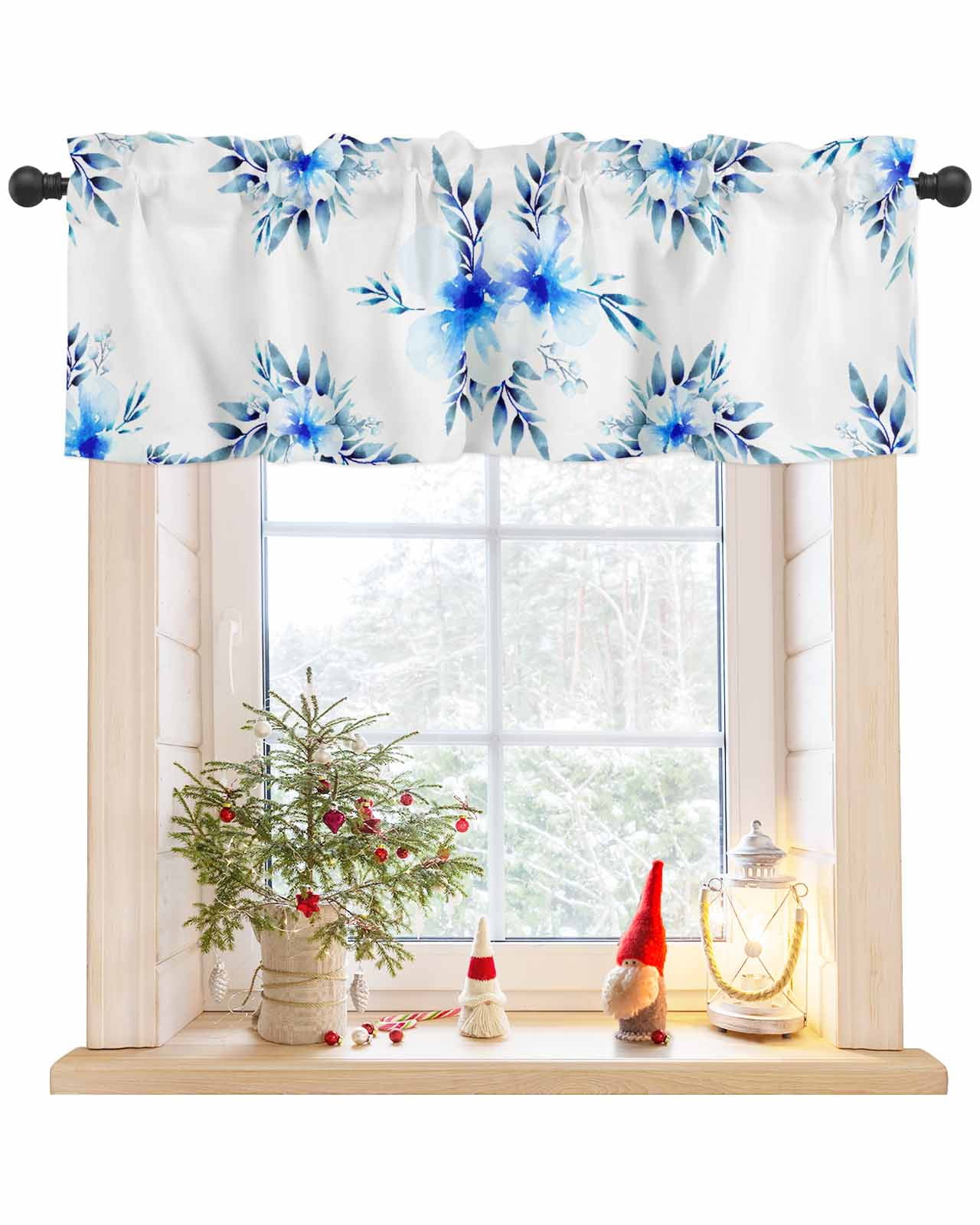 Valances for Windows, Farmhouse Style Blue Flowers Plants Leaves ...