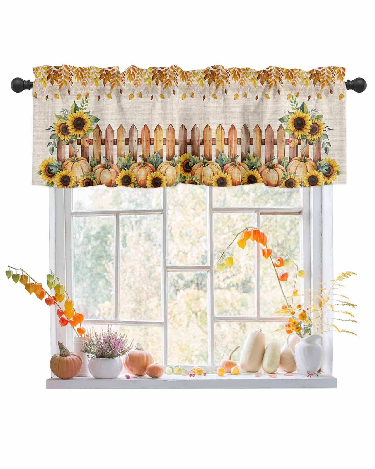 Valances for Windows Fence Sunflower Pumkin Leaf Rod Pocket Cafe Window ...