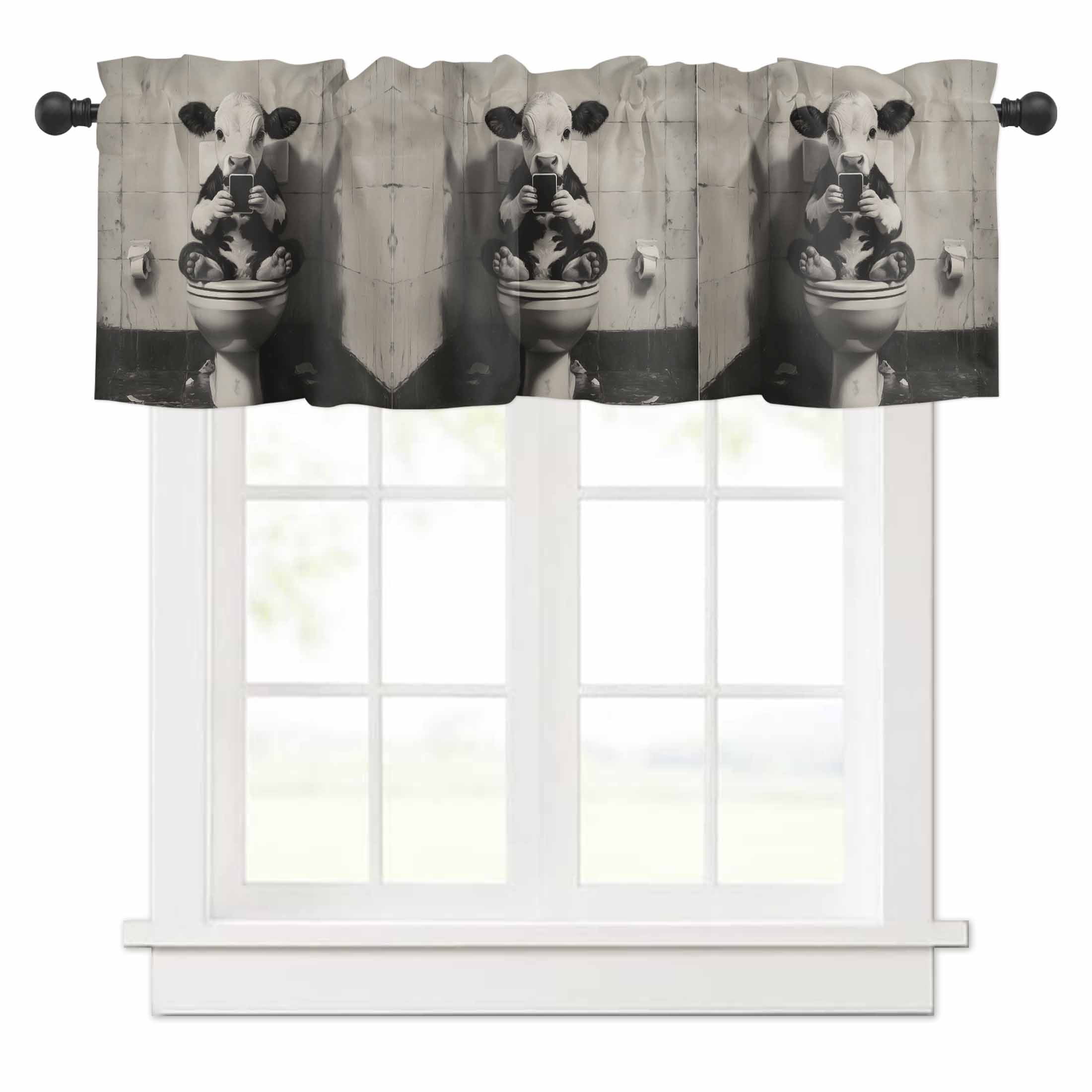 Valances for Windows Funny Animal Dairy Cow Sitting on Toilet Playing ...