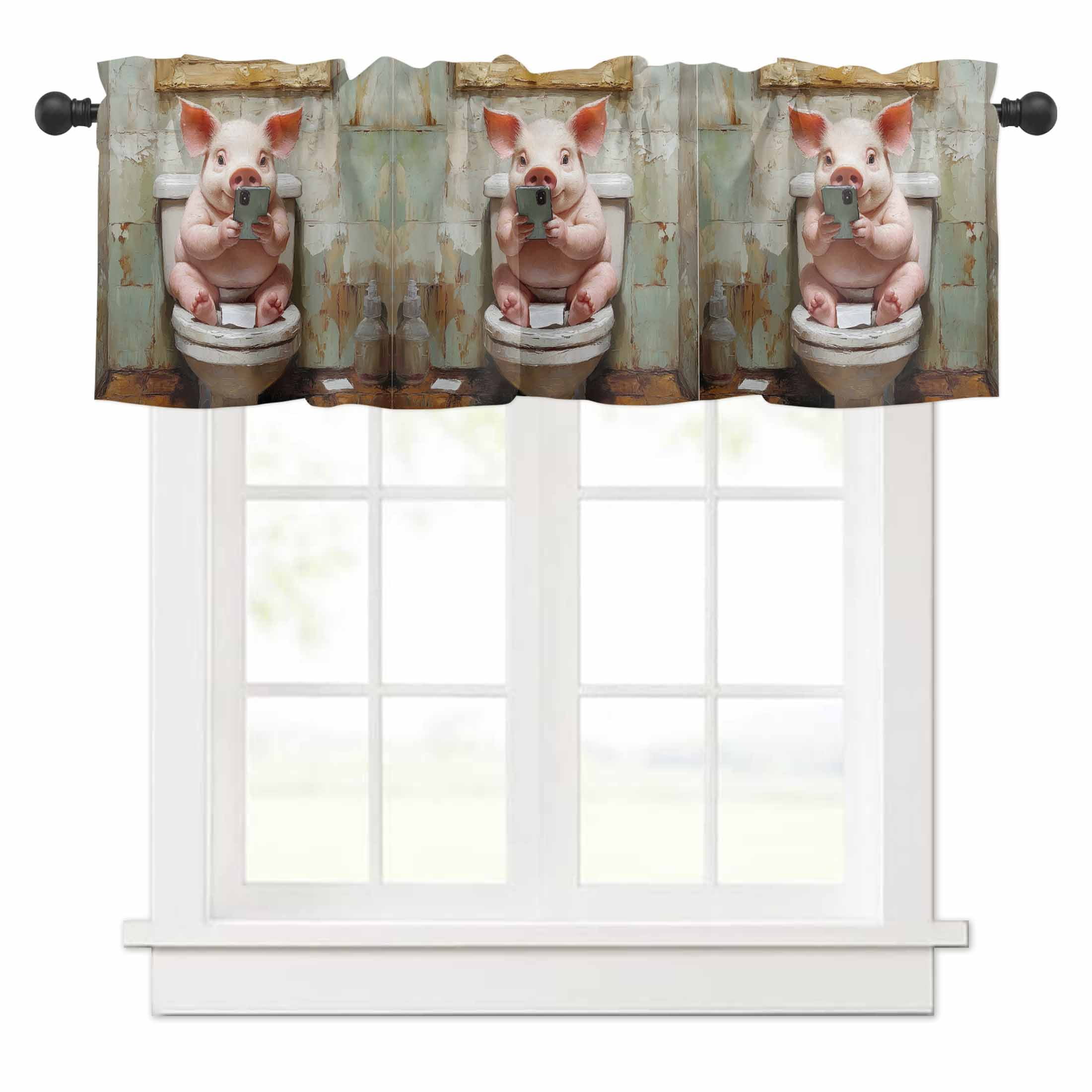 Valances for Windows Funny Animal Pig Sitting on Toilet Pig Playing ...
