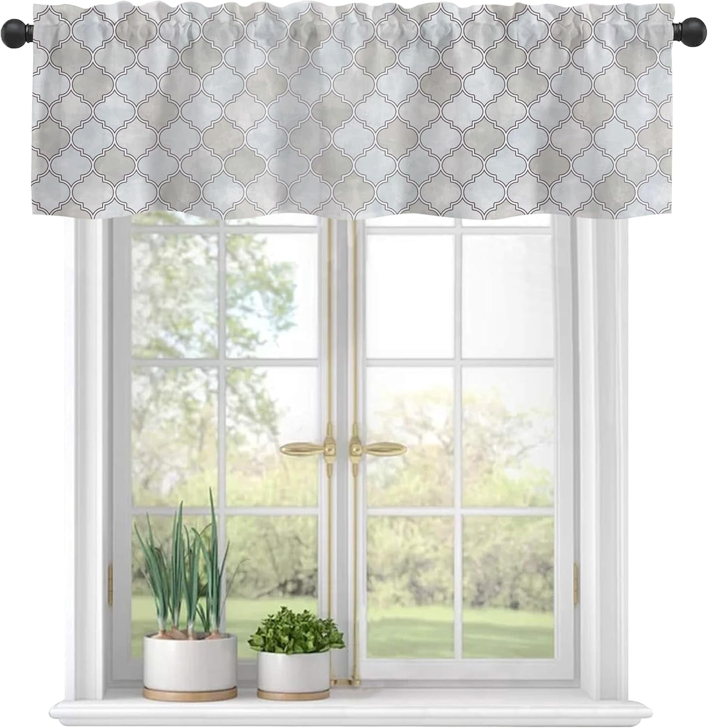 Valances for Windows, Gray Vintage Moroccan Fashion Grid Semi Sheer ...