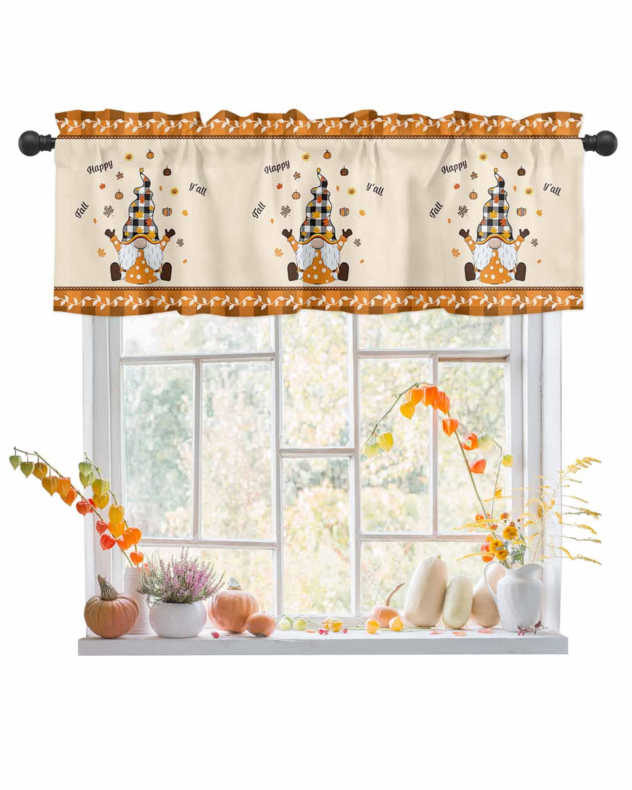 Valances for Windows, Happy Fall Y'all Gnome with Maple Leaves Hats Buffalo Plaid Border Rod ...