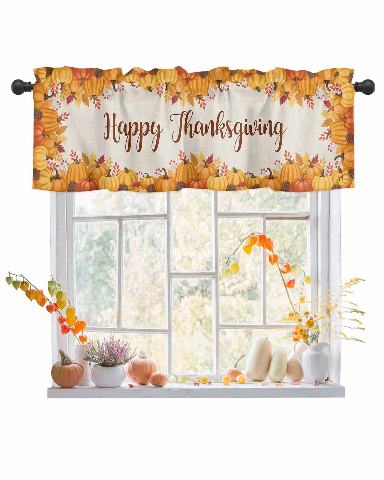 Valances for Windows, Happy Thanksgiving Fall Pumpkin Vintage Linen Farmhouse Rod Pocket Short ...