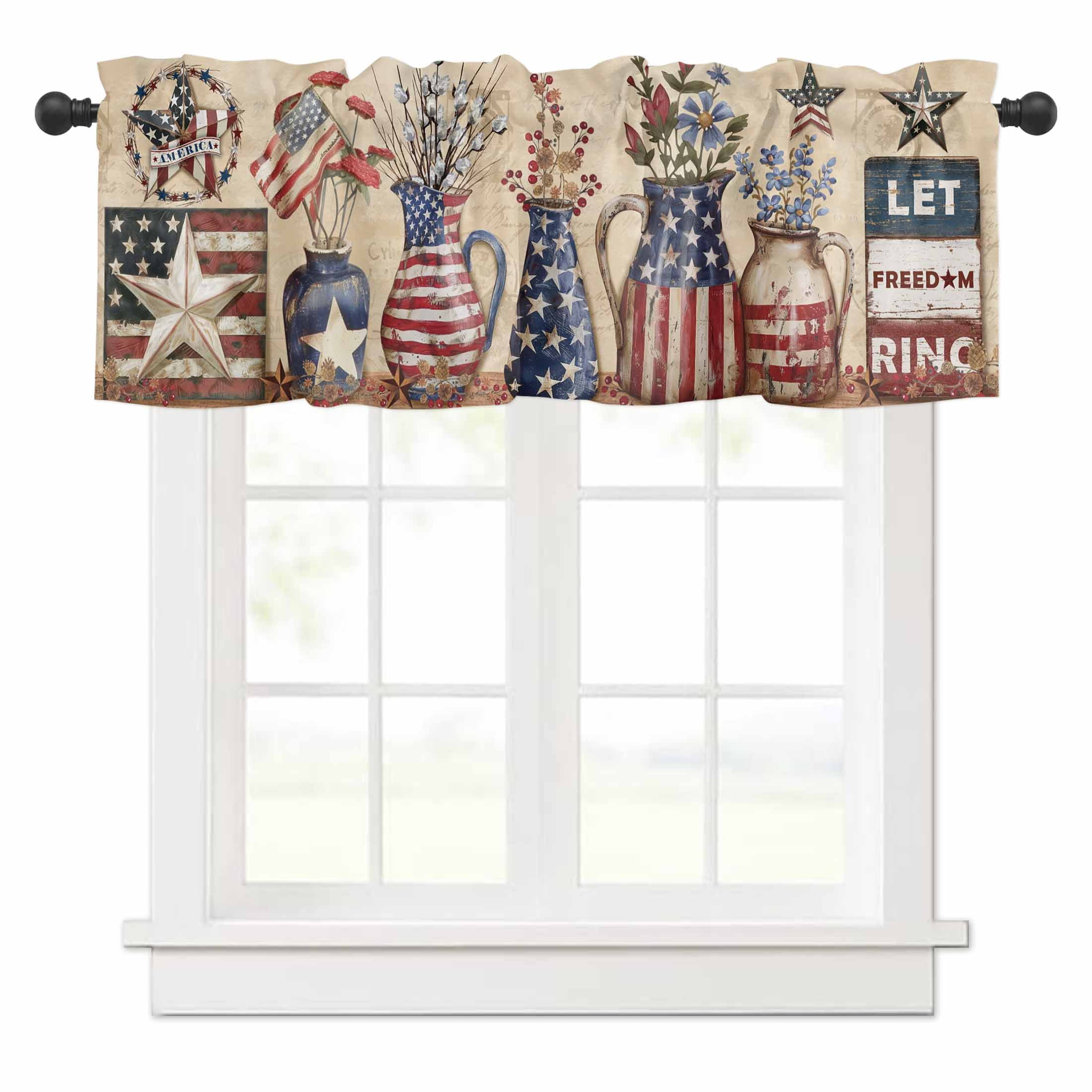 Valances for Windows Independence Day Rustic Patriotic Vase Flowers ...