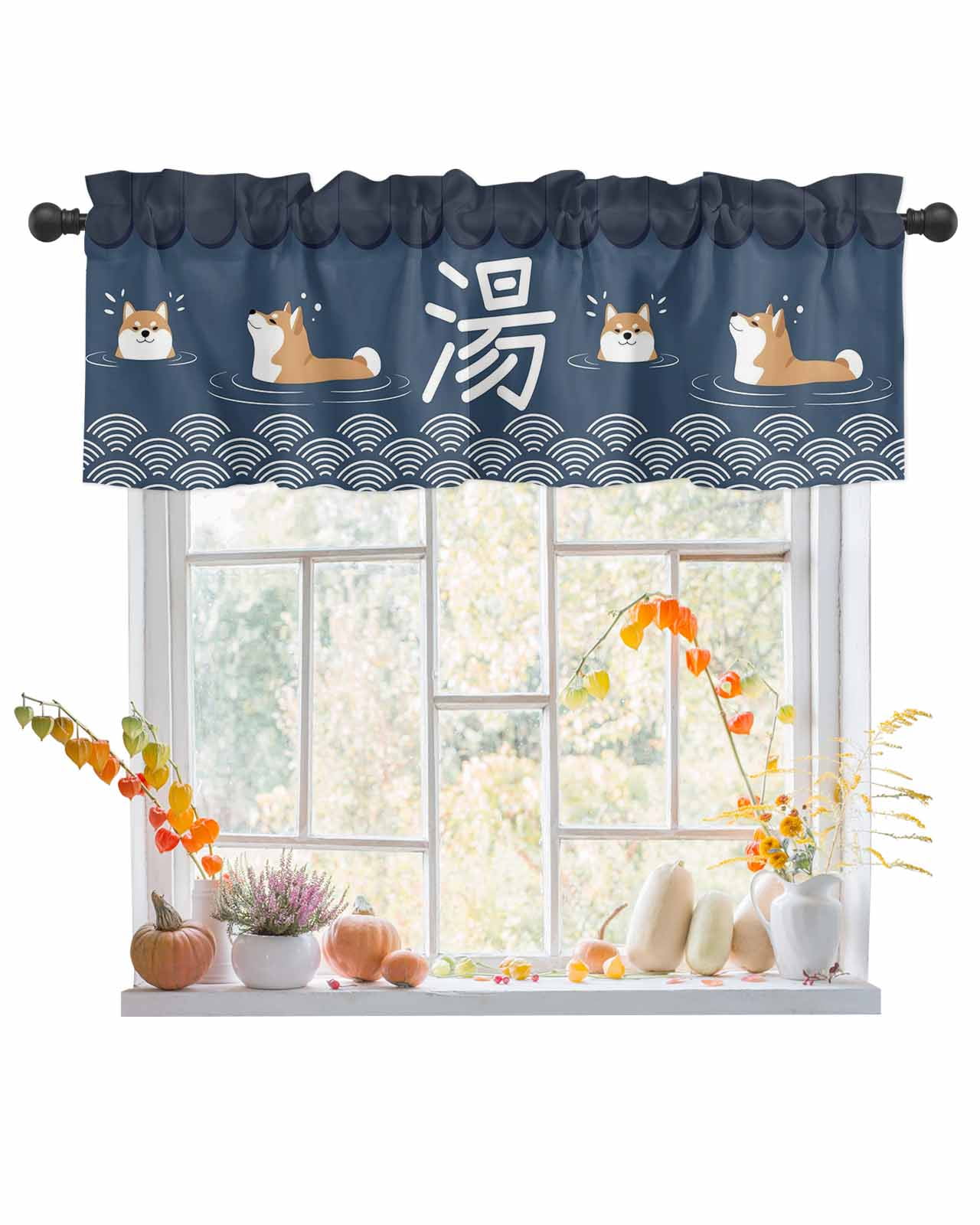 Valances for Windows, Japanese Style Hot Springs Cute Akita Dog Rod ...