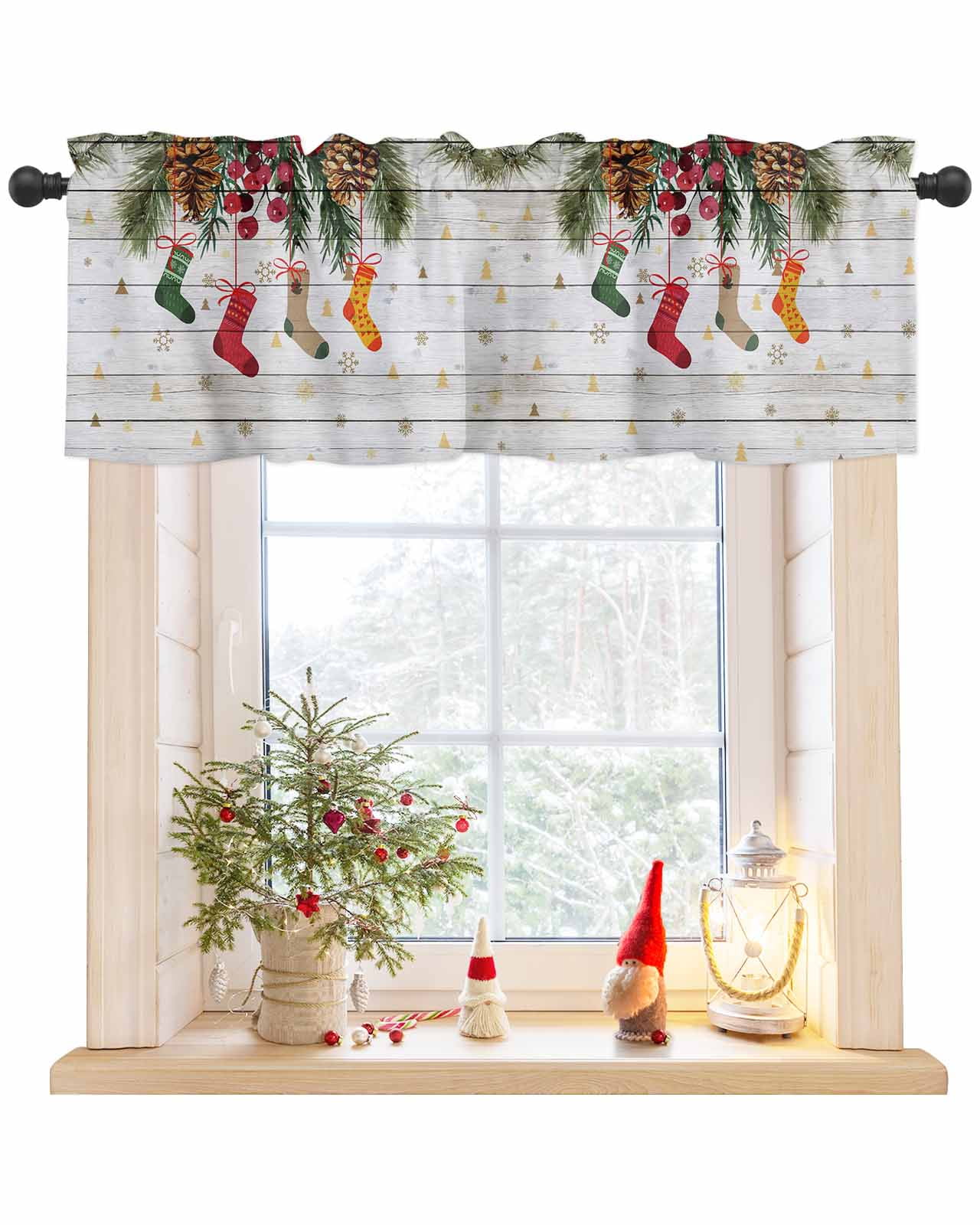 Valances for Windows, Merry Christmas Pine Tree Leaves Wood Grain Rod ...