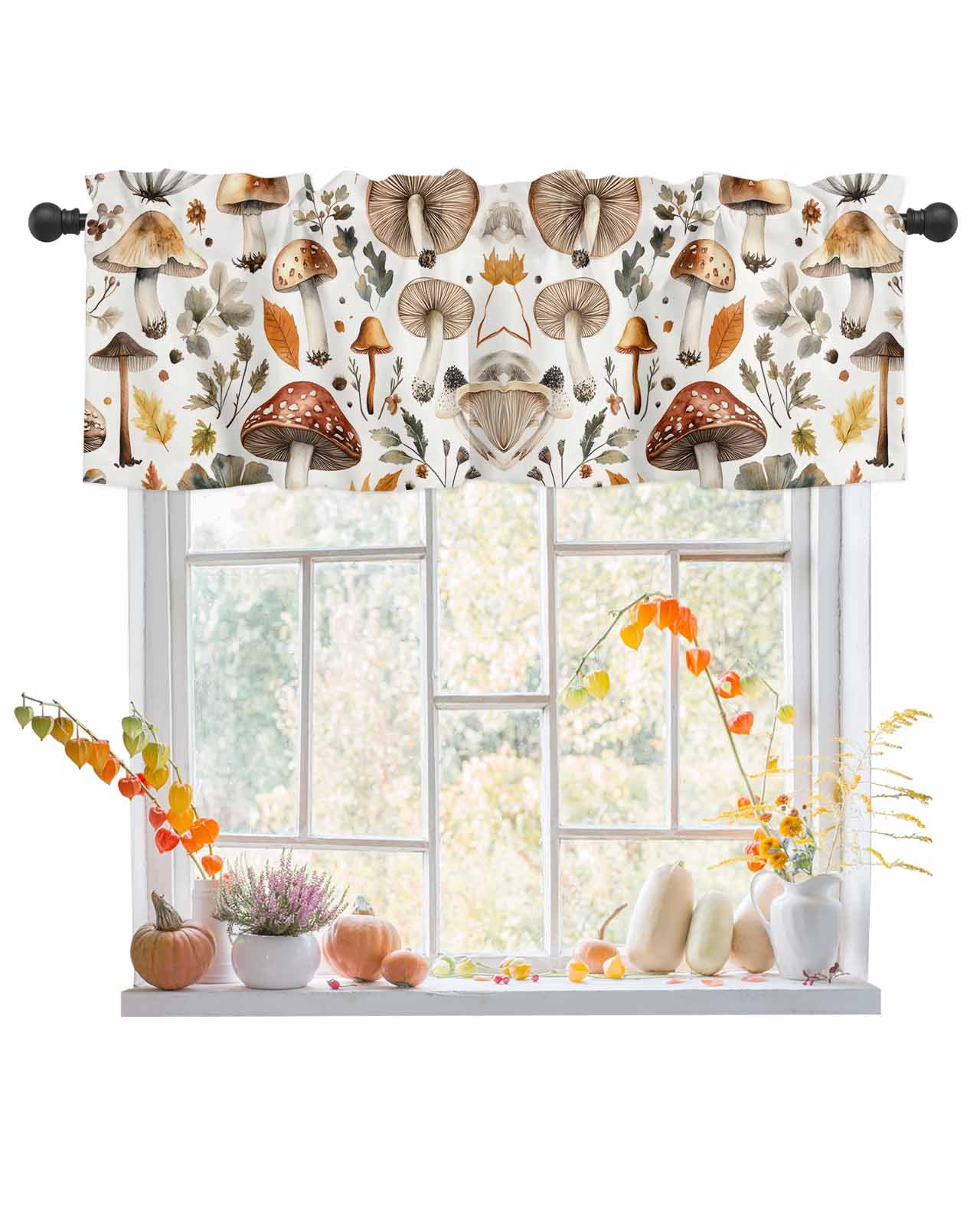 Valances for Windows, Mushrooms Leaves Watercolor Daisy Floral Fall ...