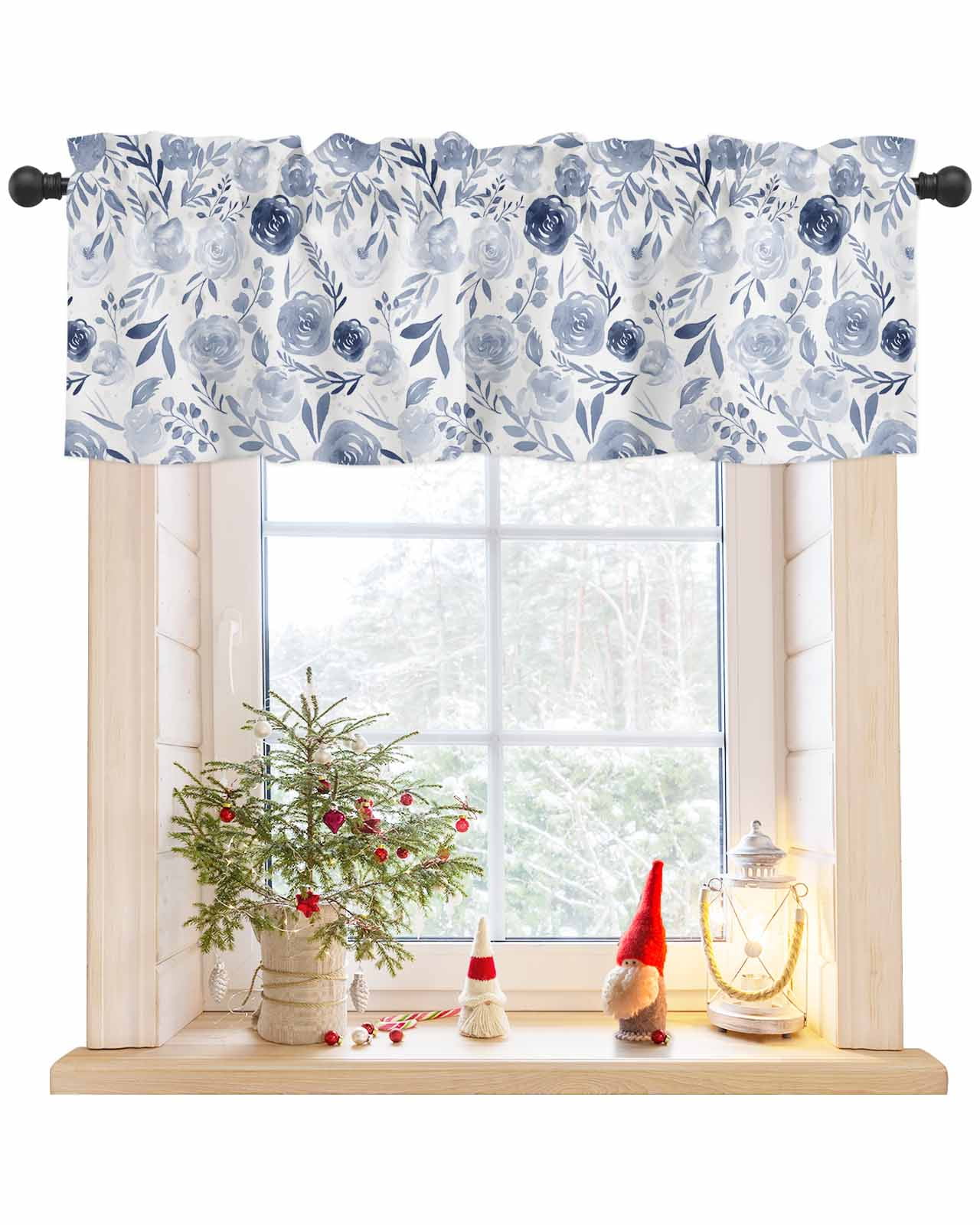 Valances for Windows, Navy Blue Flowers Watercolor Floral Plants Rod ...