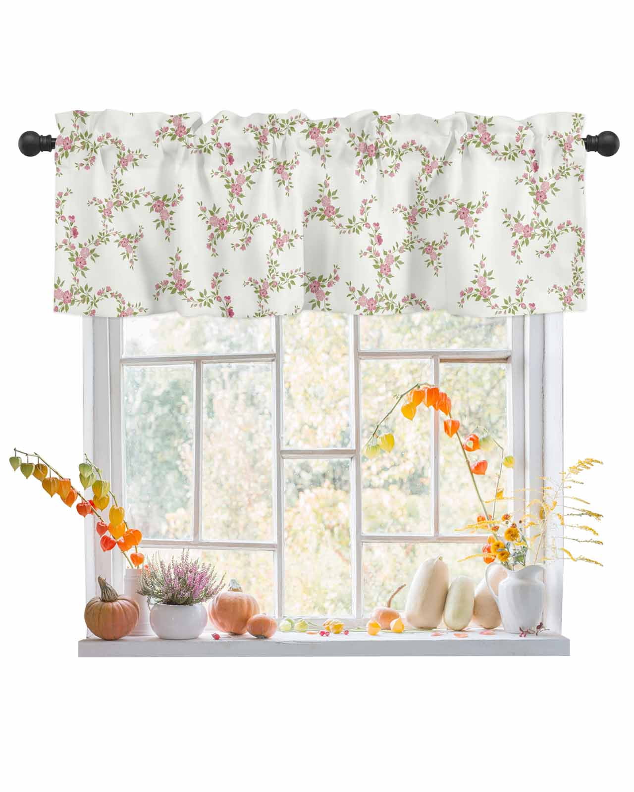 Valances for Windows Pastoral Pink Flower Rod Pocket Cafe Window ...
