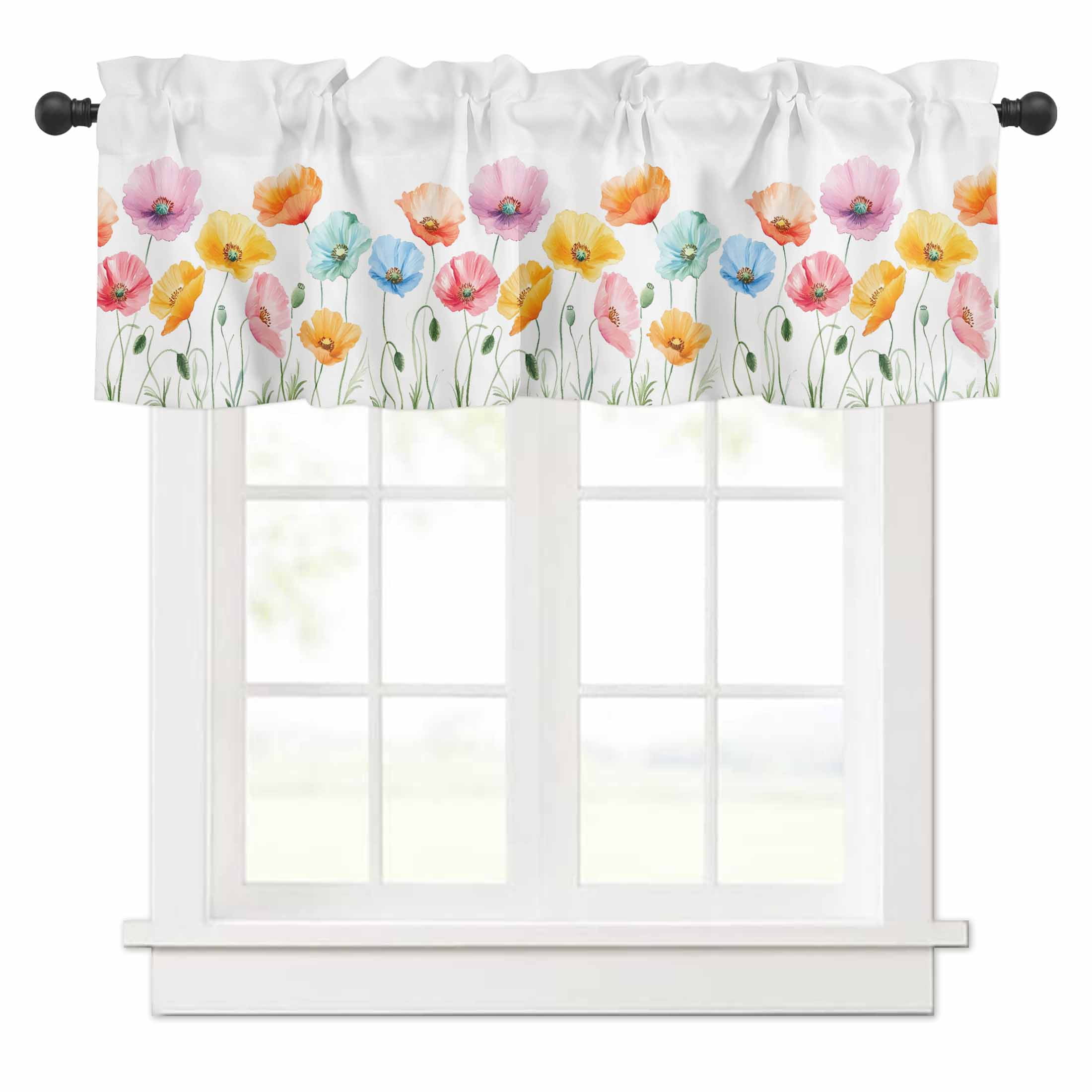 Valances for Windows Pink Orange Blue Poppy Watercolor Flowers Plant ...