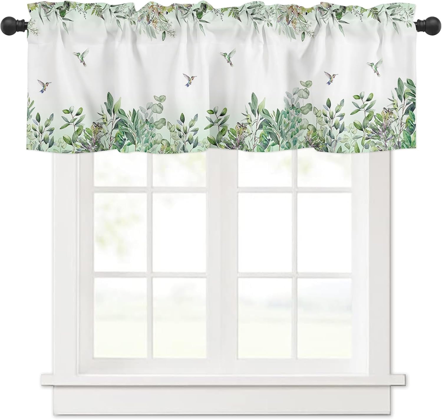 Valances for Windows, Plants Leaves Green Hummingbird Watercolor Style ...