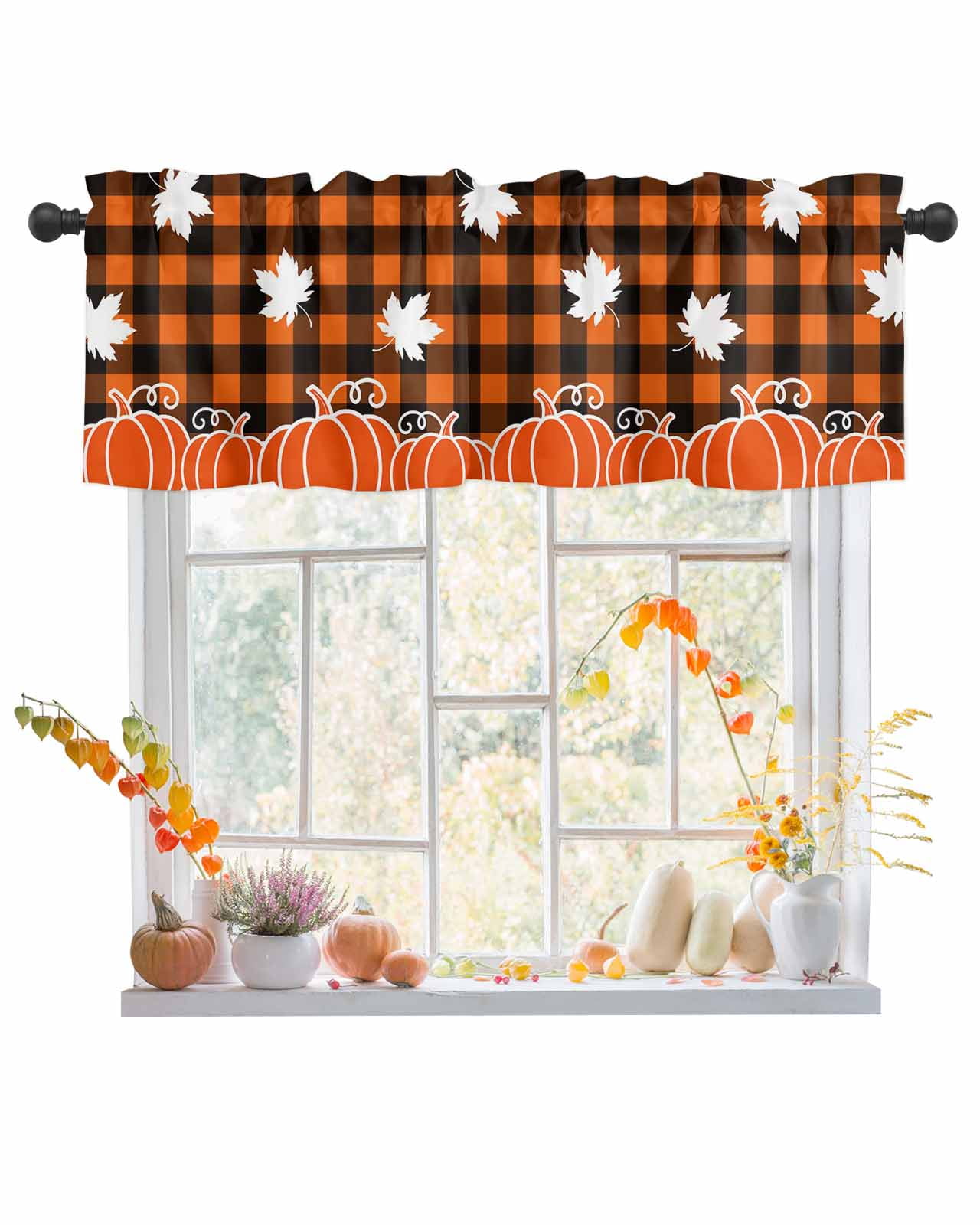 Valances for Windows, Pumpkin Maple Leaf Orange Black Plaid Fall ...