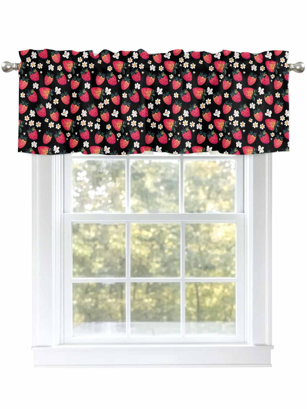 Valances for Windows Red Strawberry White Flowers Leaves Black ...
