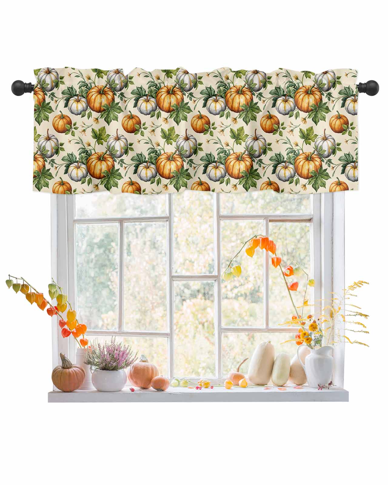 Valances for Windows, Retro Fall Fallen Leaves Pumpkin Farmhouse Rod ...