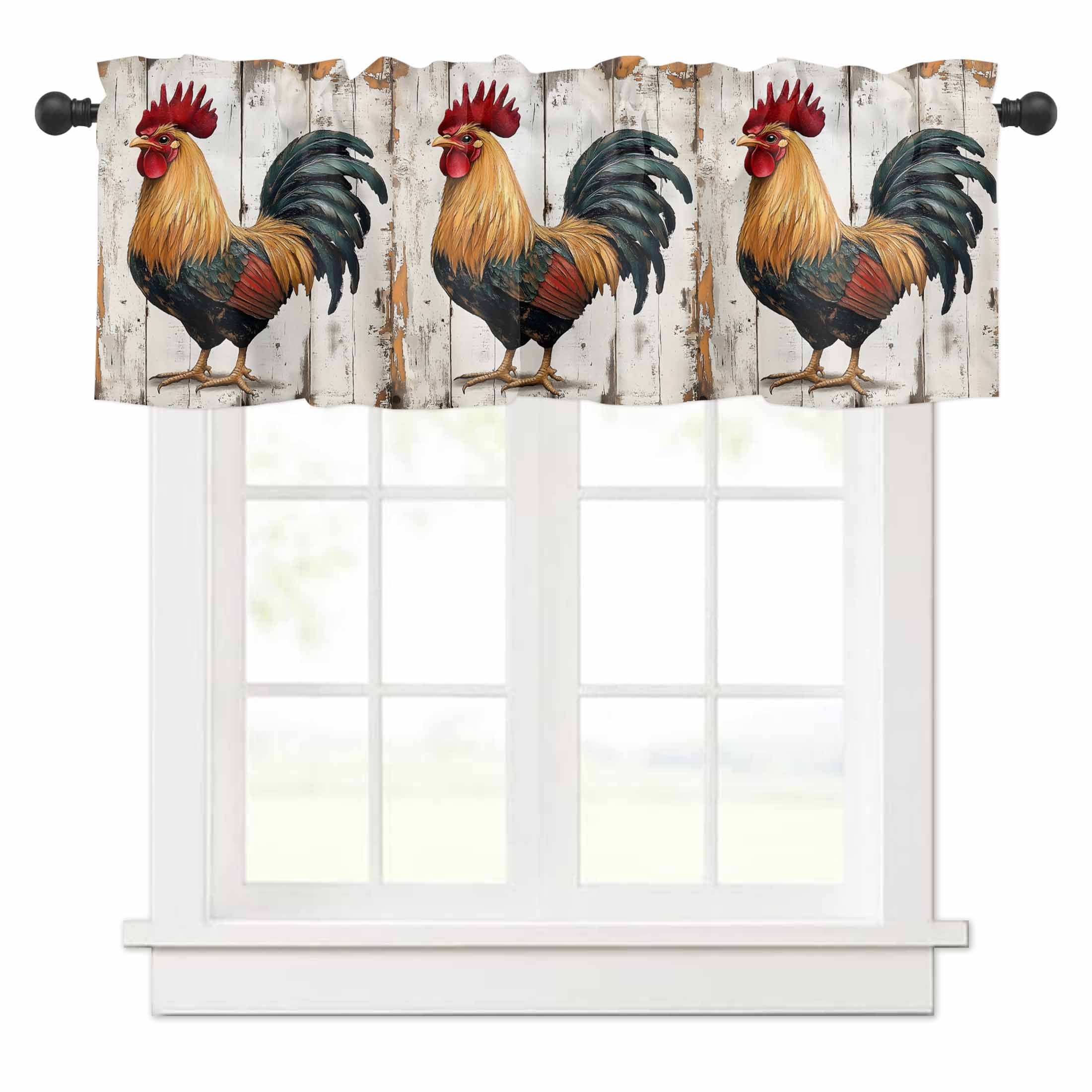 Valances for Windows Retro Rooster Watercolor Wooden Grain Valance Rod ...