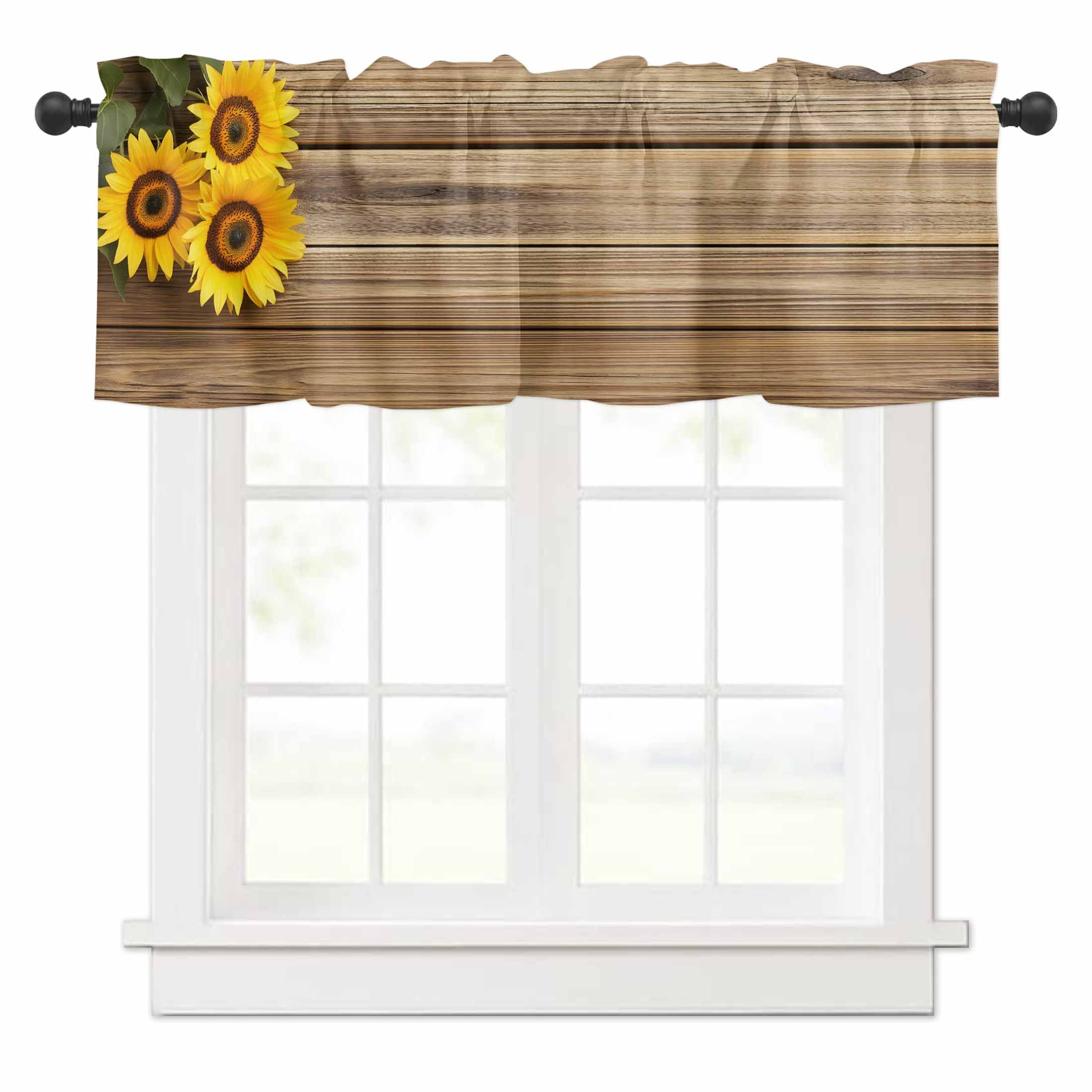 Valances for Windows Retro Sunflowers Rustic Wood Grain Texture ...