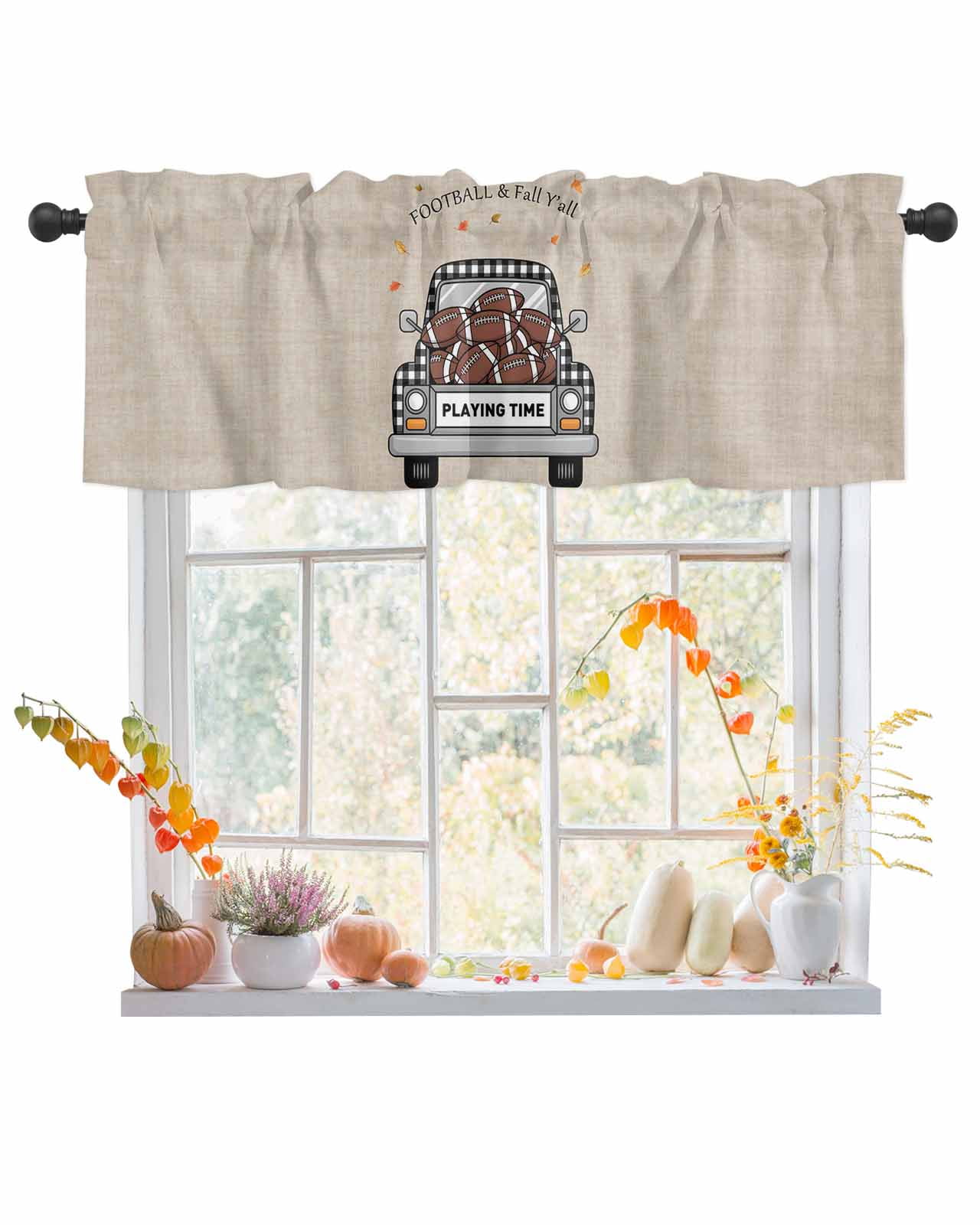 Valances for Windows, Rugby Car Fall Y'all Playing Time Fallen Leaves ...