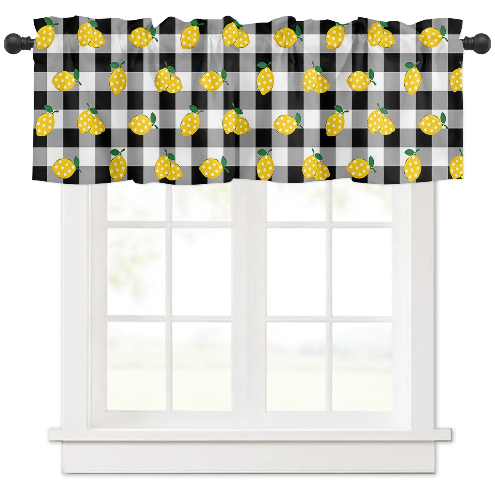 Valances for Windows Rural Lemon on Black White Buffalo Plaid Kitchen ...