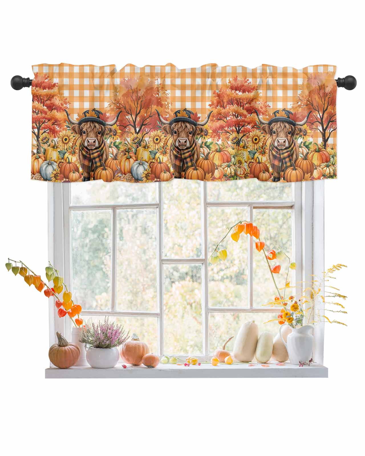 Valances for Windows Scottish Highland Cow Leaf Rod Pocket Cafe Window ...