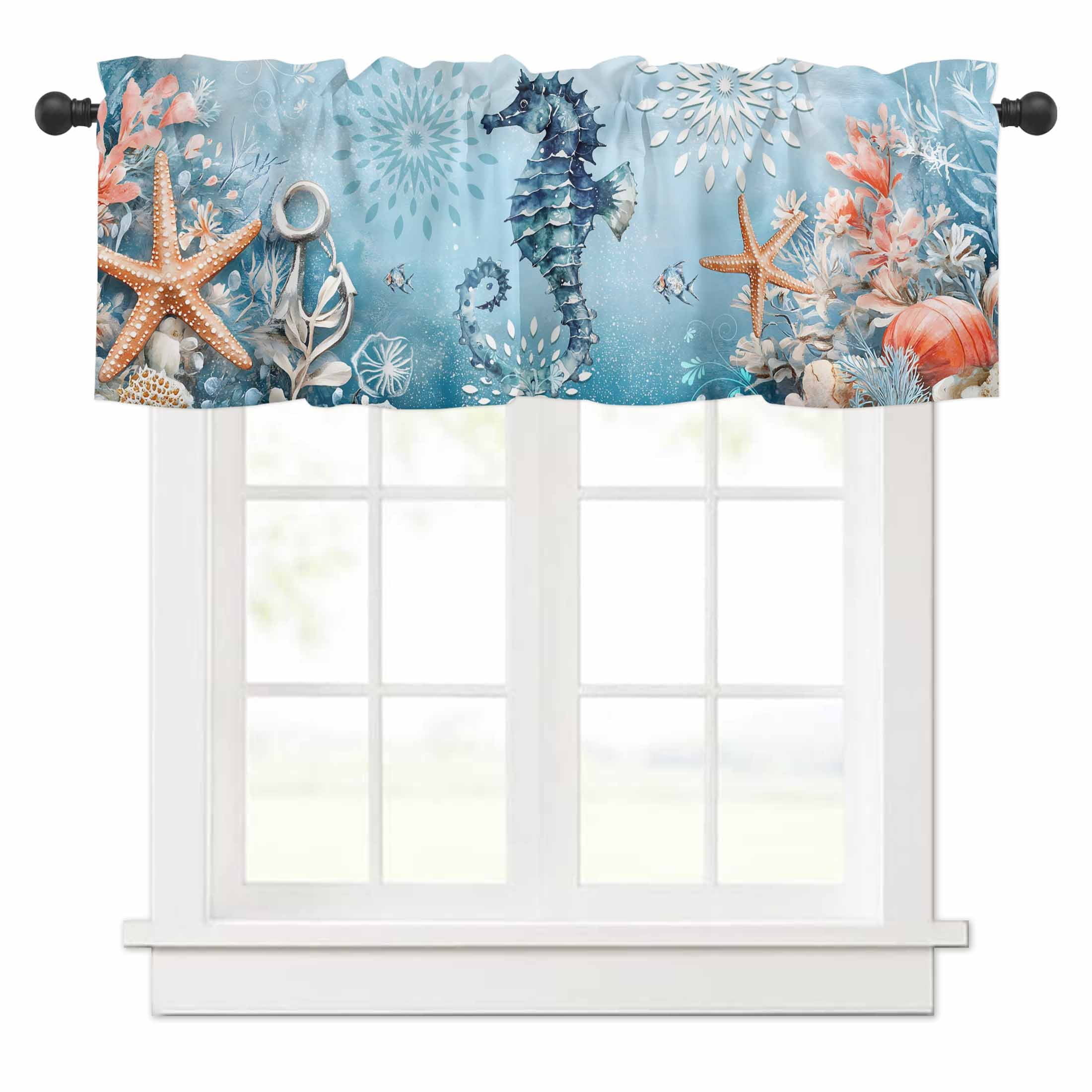Valances for Windows Seahorse Coral Starfish Ocean Coastal Valance Rod ...