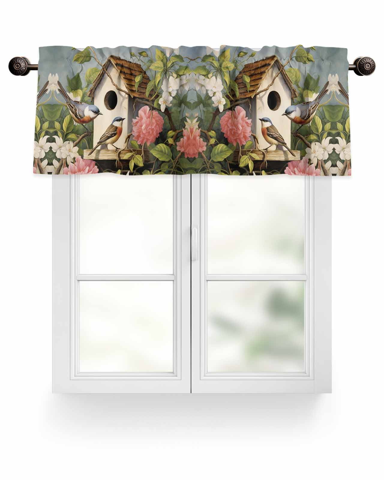 Valances for Windows Spring Birds Birdhouse Vintage Pink Flowers ...